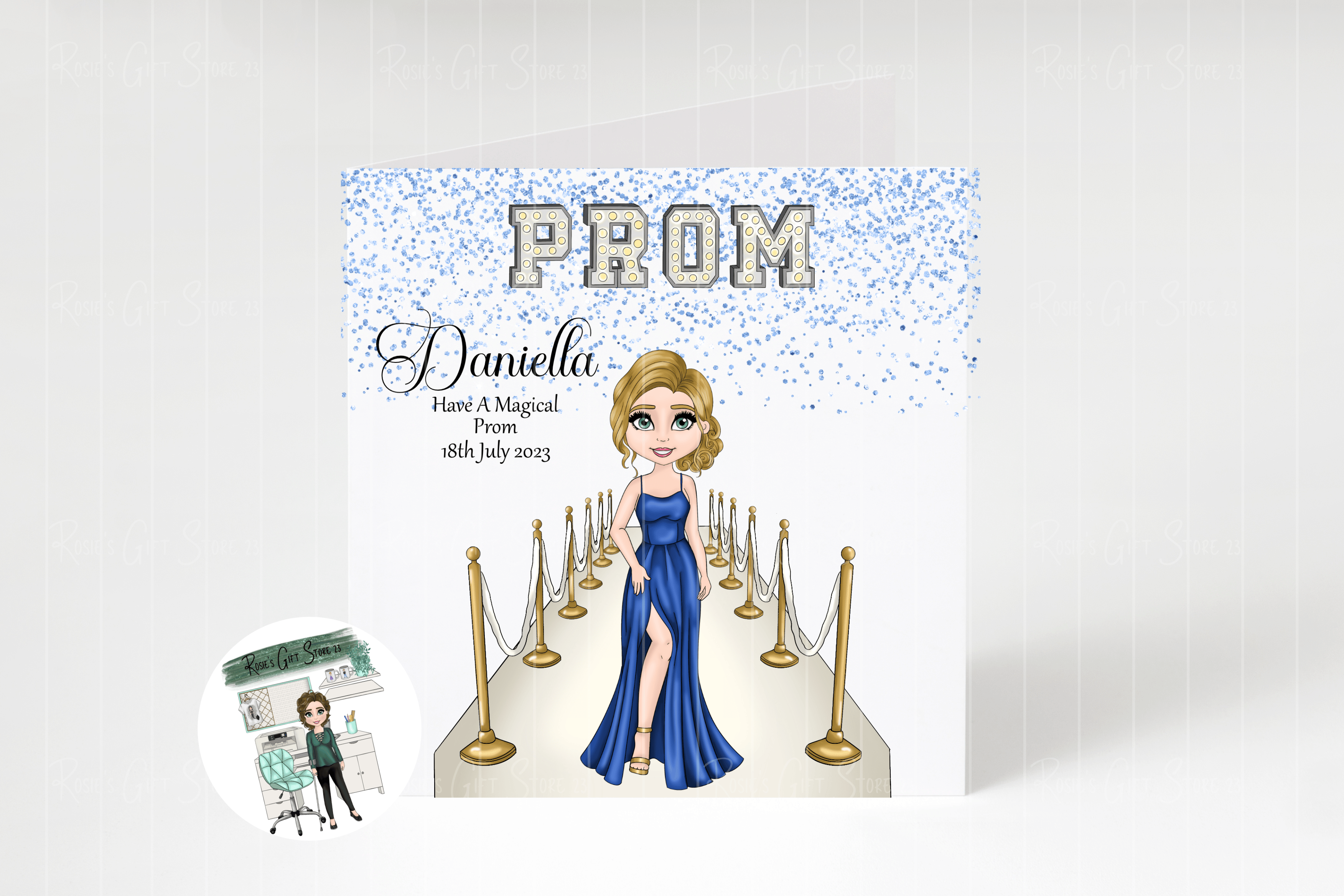 Personalised Prom card for her, Navy dress, 5 hair style 7 hair colours ...