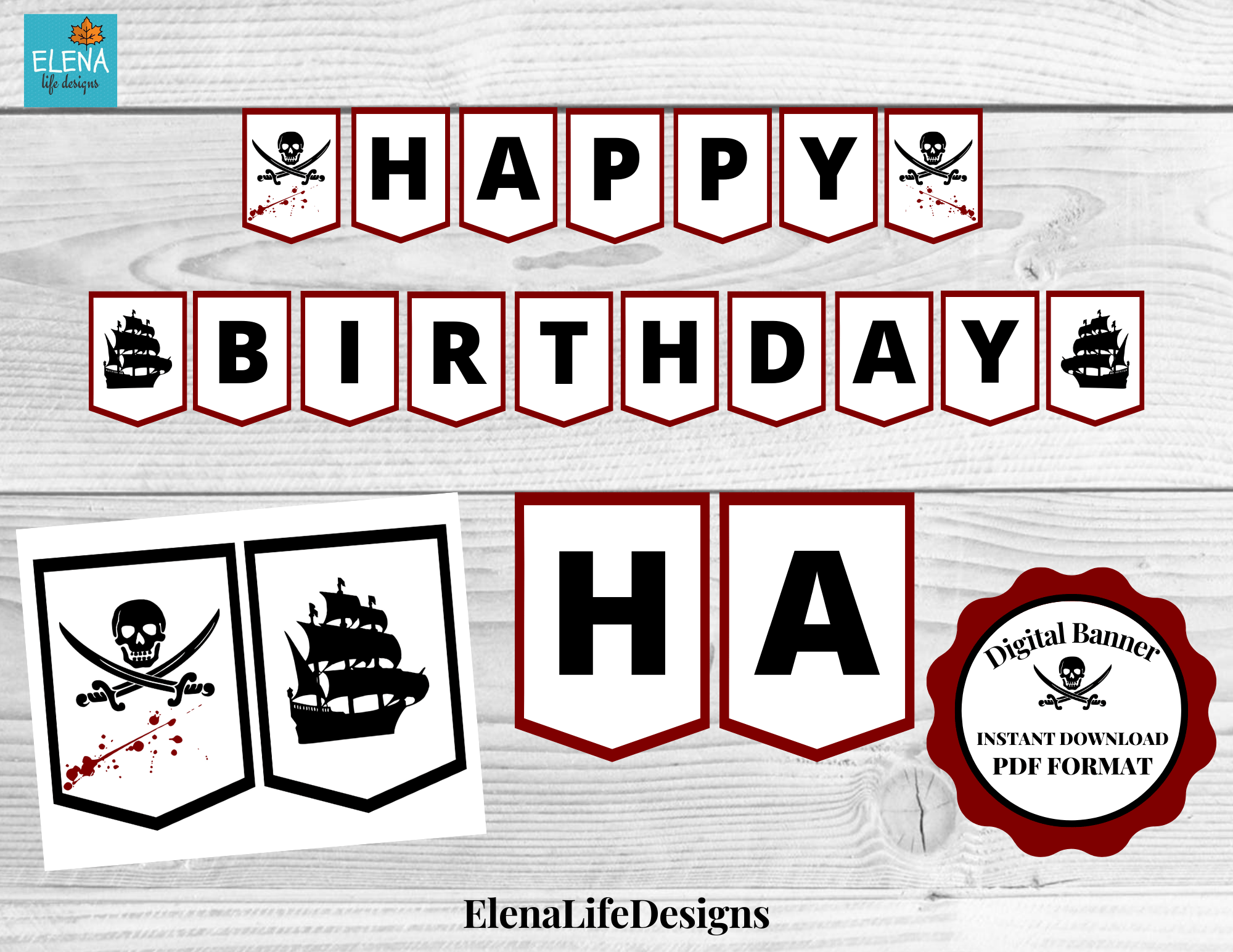 Pirate Themed Birthday Banner - Digital Happy Birthday Banner - Digital ...
