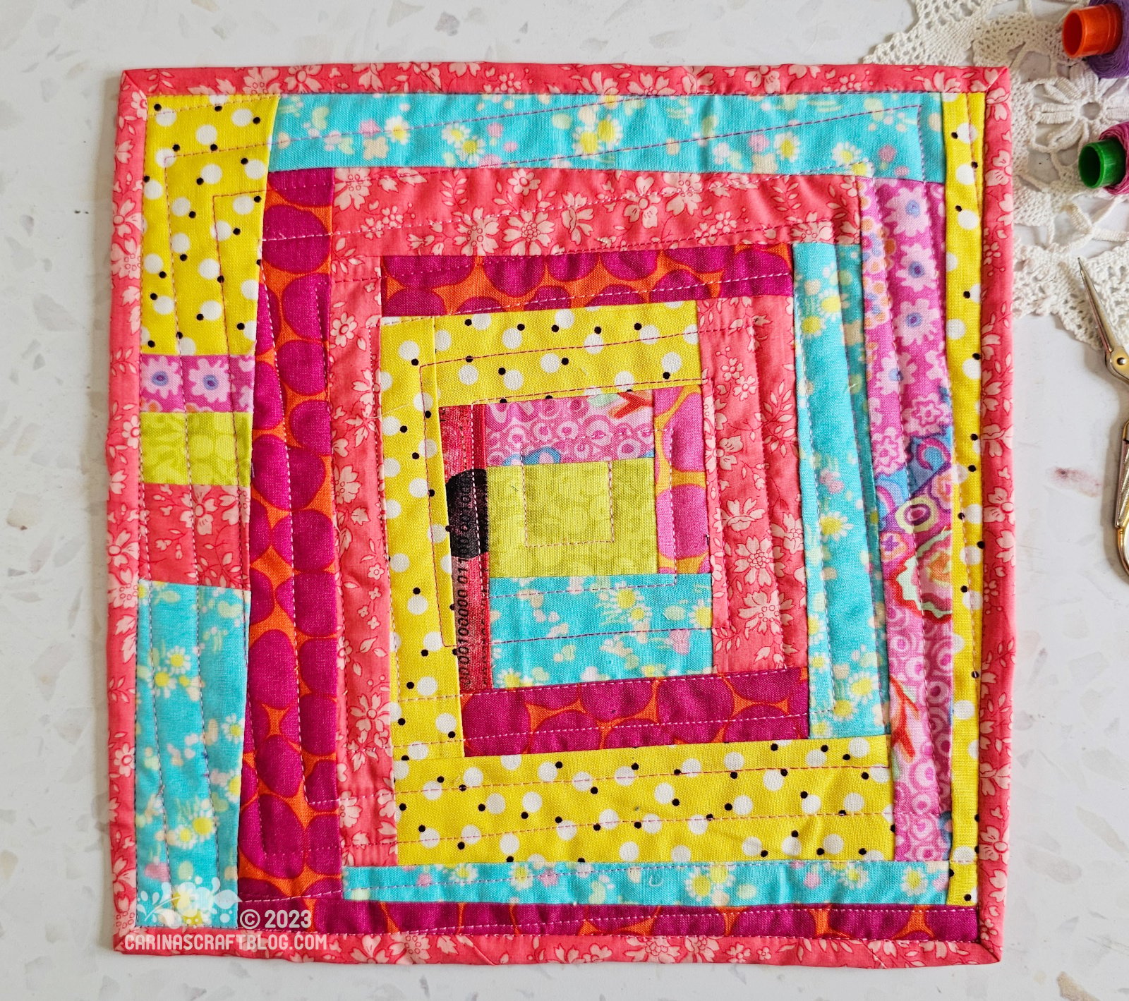 28 Mini Quilt June Improv Pieced Wonky Log Cabin Pink and Yellow - Payhip