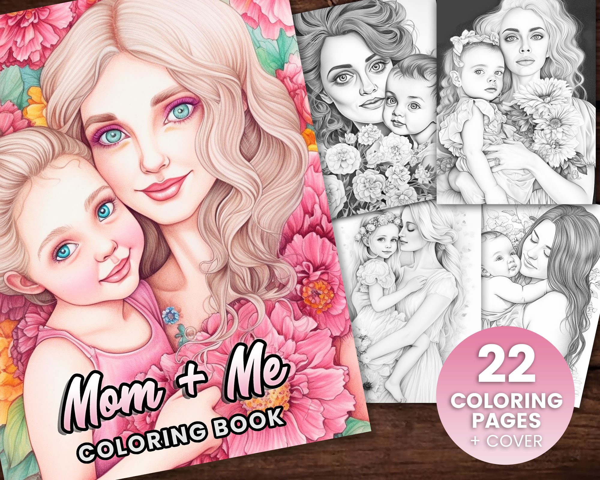 22 Mom & Me Coloring Book, Adults kids- Download - Grayscale Coloring ...