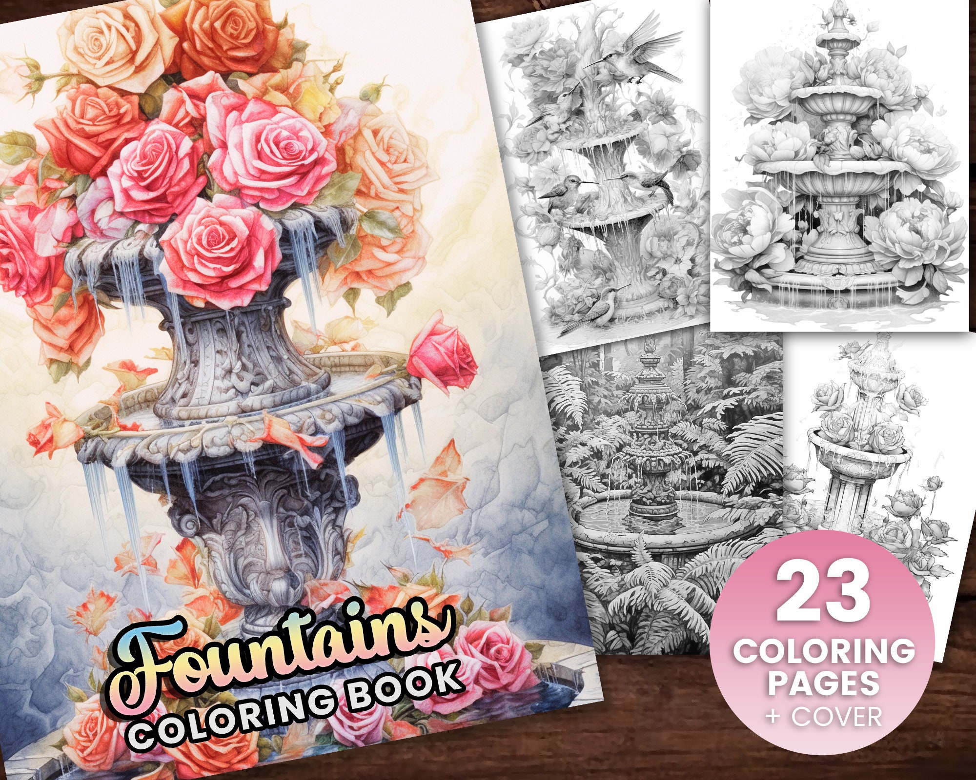 23 Blooming Fountains Coloring Book, Adults kids Instant Download ...