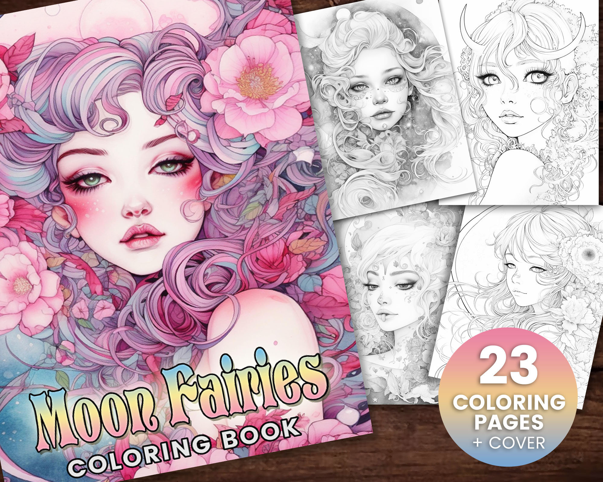 23 Moon Fairies Coloring Page, Adults kids - Download - Grayscale ...
