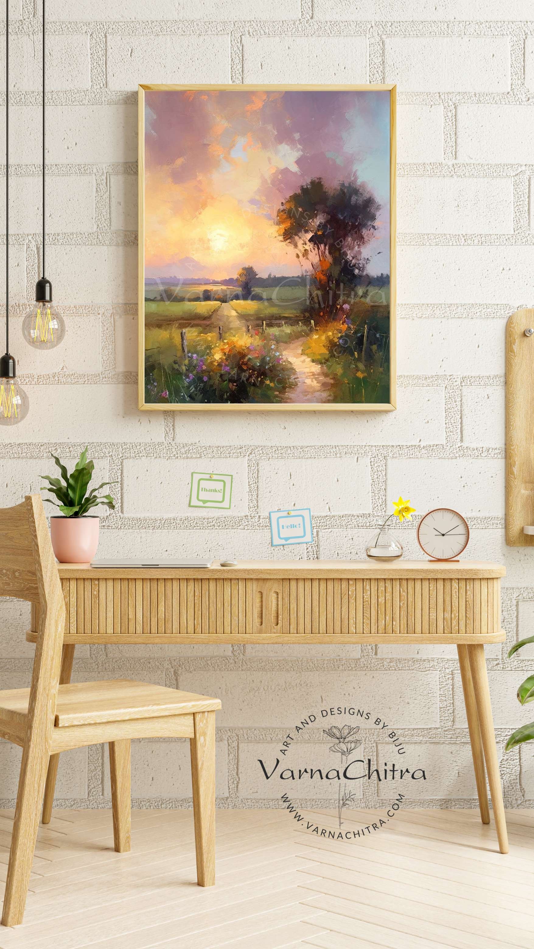 Landscape Painting in Semi Impasto Oil Painting Style of a Sunset Scene ...