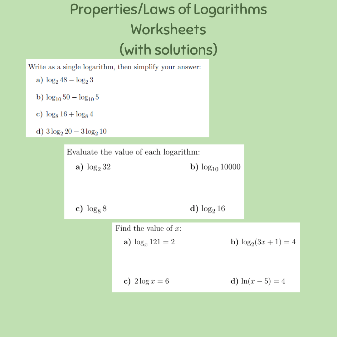 Properties/Laws of Logarithms Worksheets (with solutions)