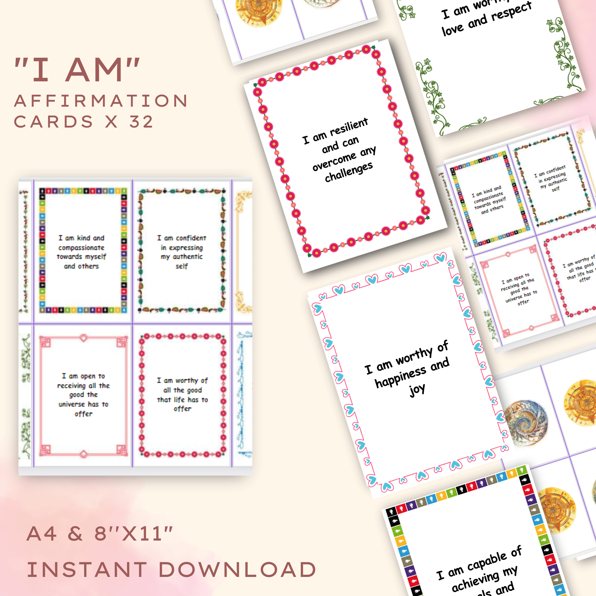Affirmation Cards | Positive I AM | Decor Border Cards | 32 Stylish ...