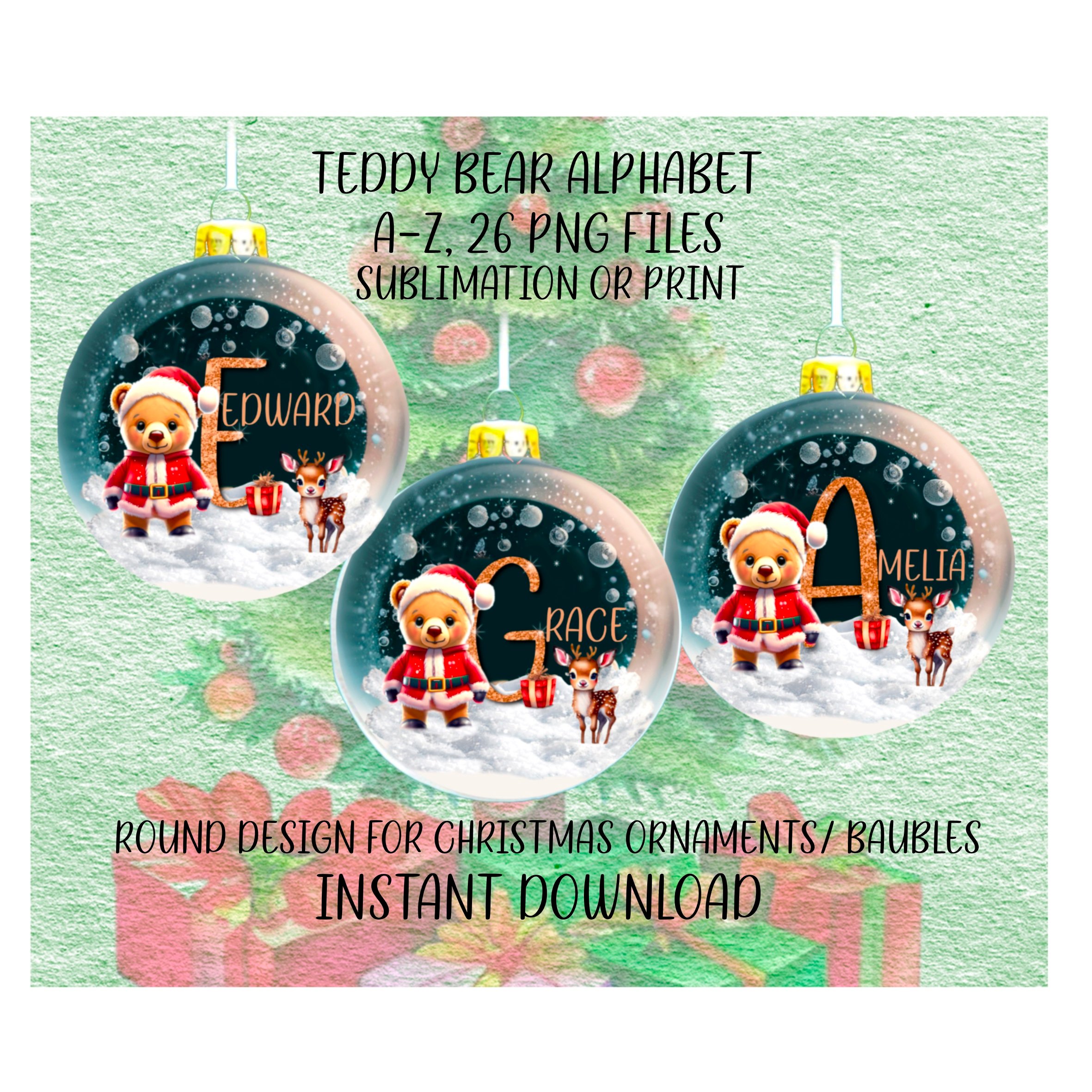 Christmas teddy bear alphabet for round ornament/bauble. 26 PNG files ...