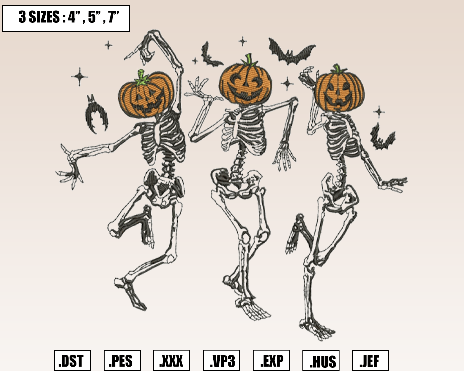 Skeleton Pumpkins Dance Embroidery Design, Halloween Embroidery Design ...