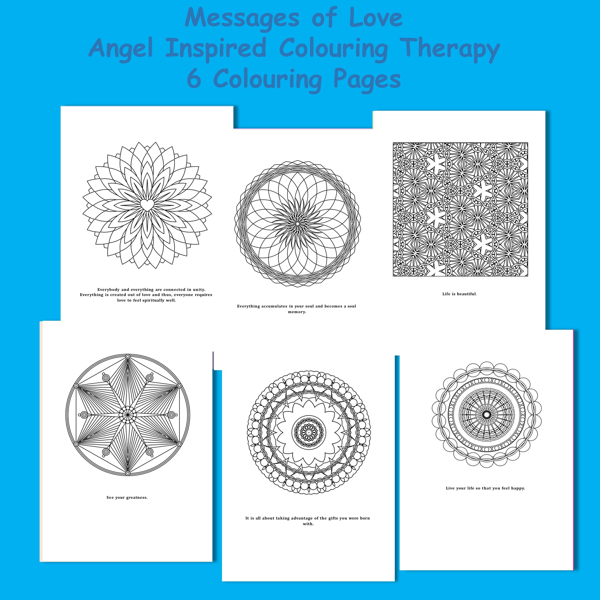 Messages of Love Angel Inspired Colouring Therapy 6 Printable Colouring Pages Pack 2 - Payhip