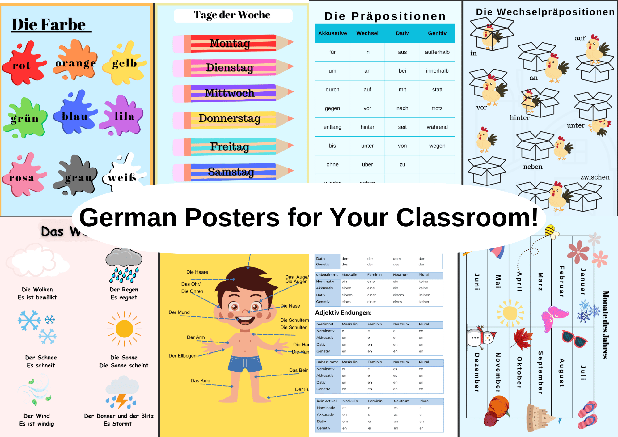 8 German posters for the price of 4!!! A3/A2 Grammar and Vocabulary ...