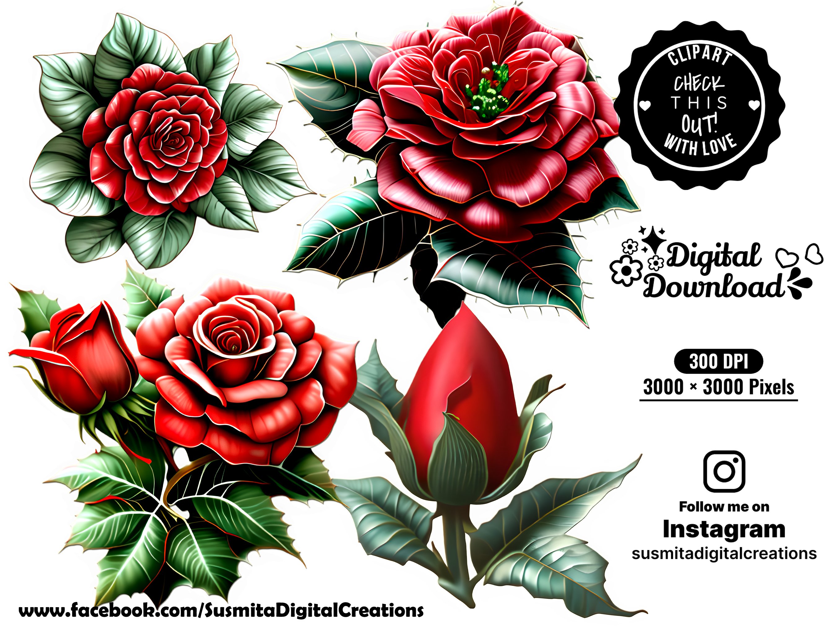 3d Artistic Illustration Of Red Rose Concept Clipart Bundle - Payhip