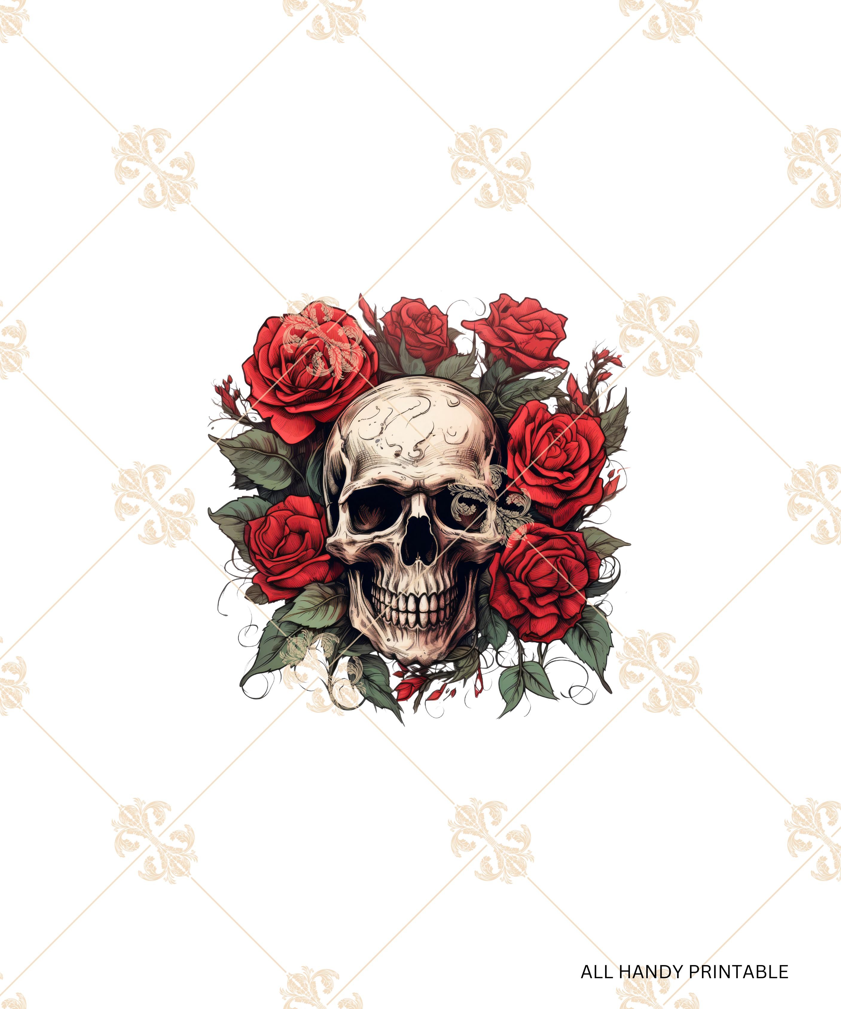 Retro Red Roses Skull