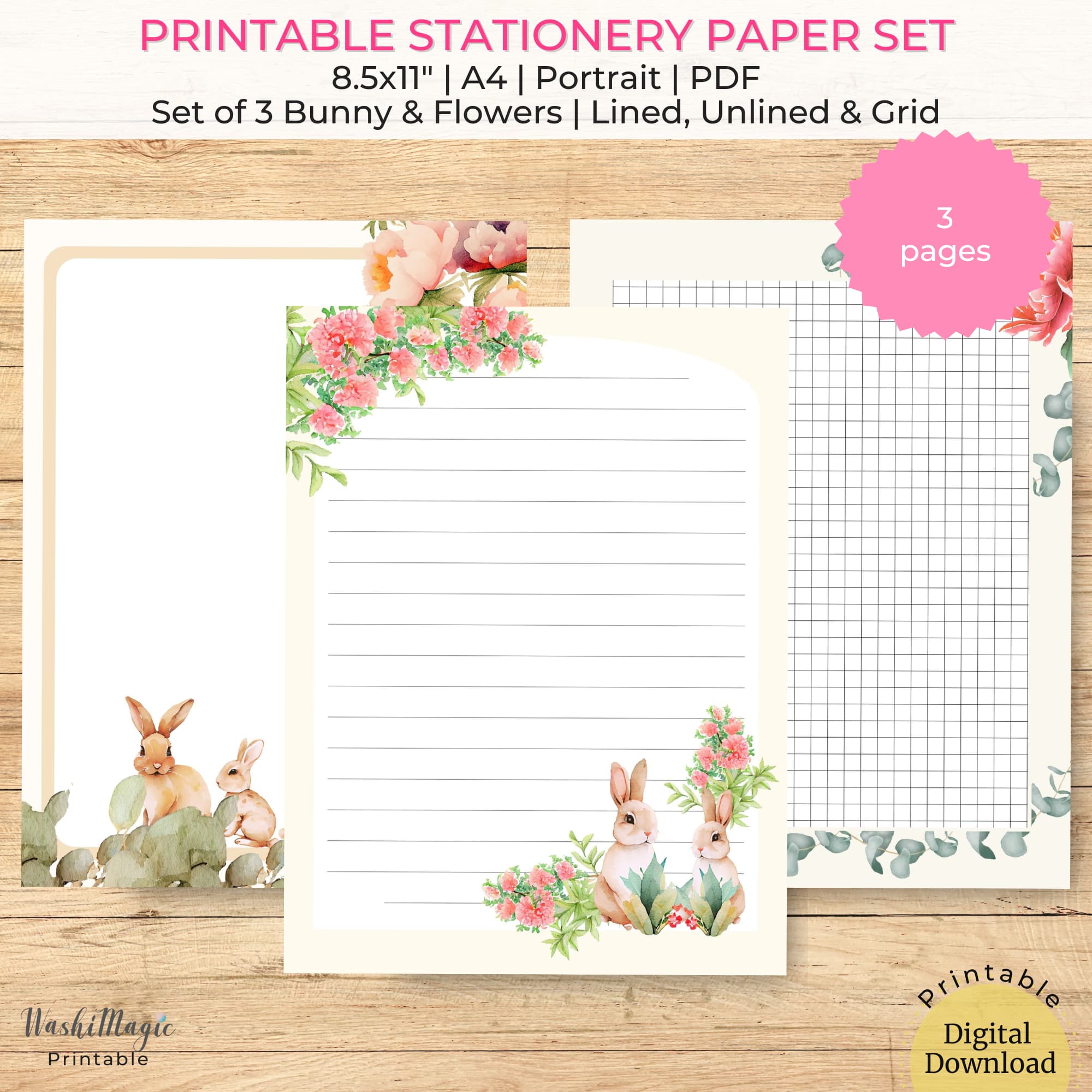 Printable Stationery Paper Set Bunny & Flowers | Lined Unlined Grid ...