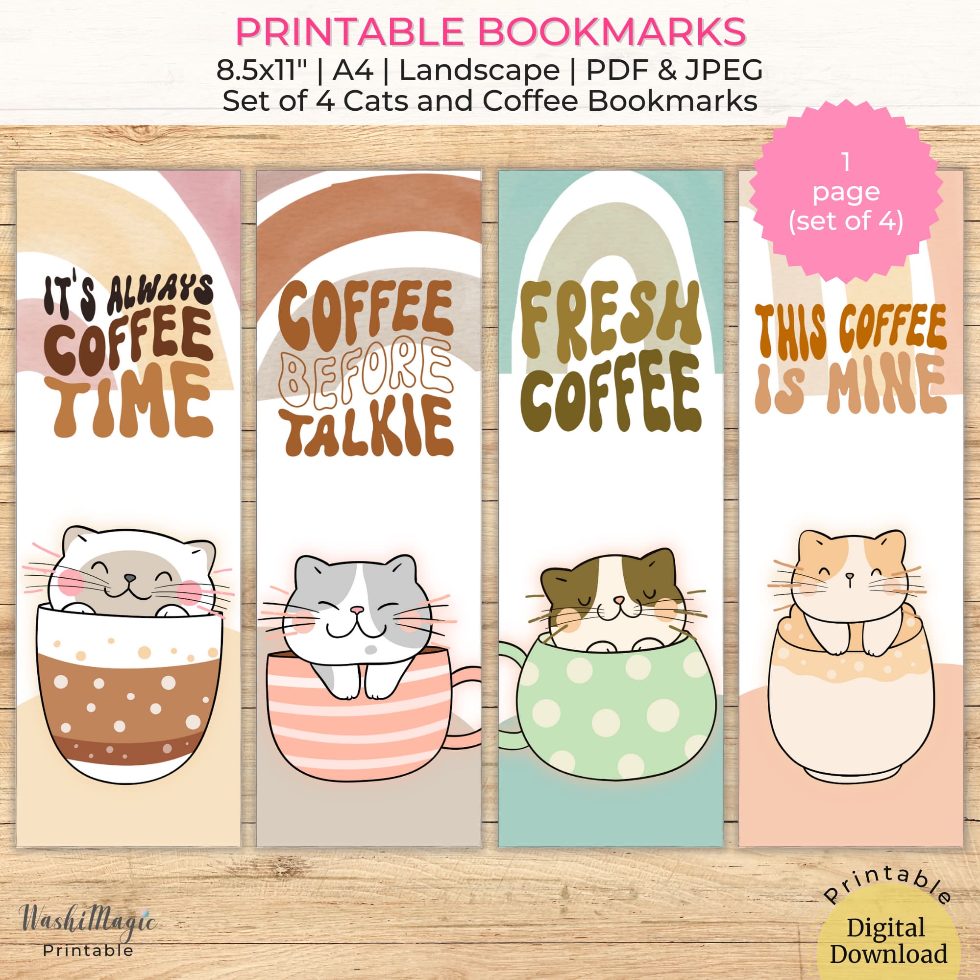 Printable Bookmarks Set of 4 Cats and Coffee | Cute Bookmark Gift Set ...
