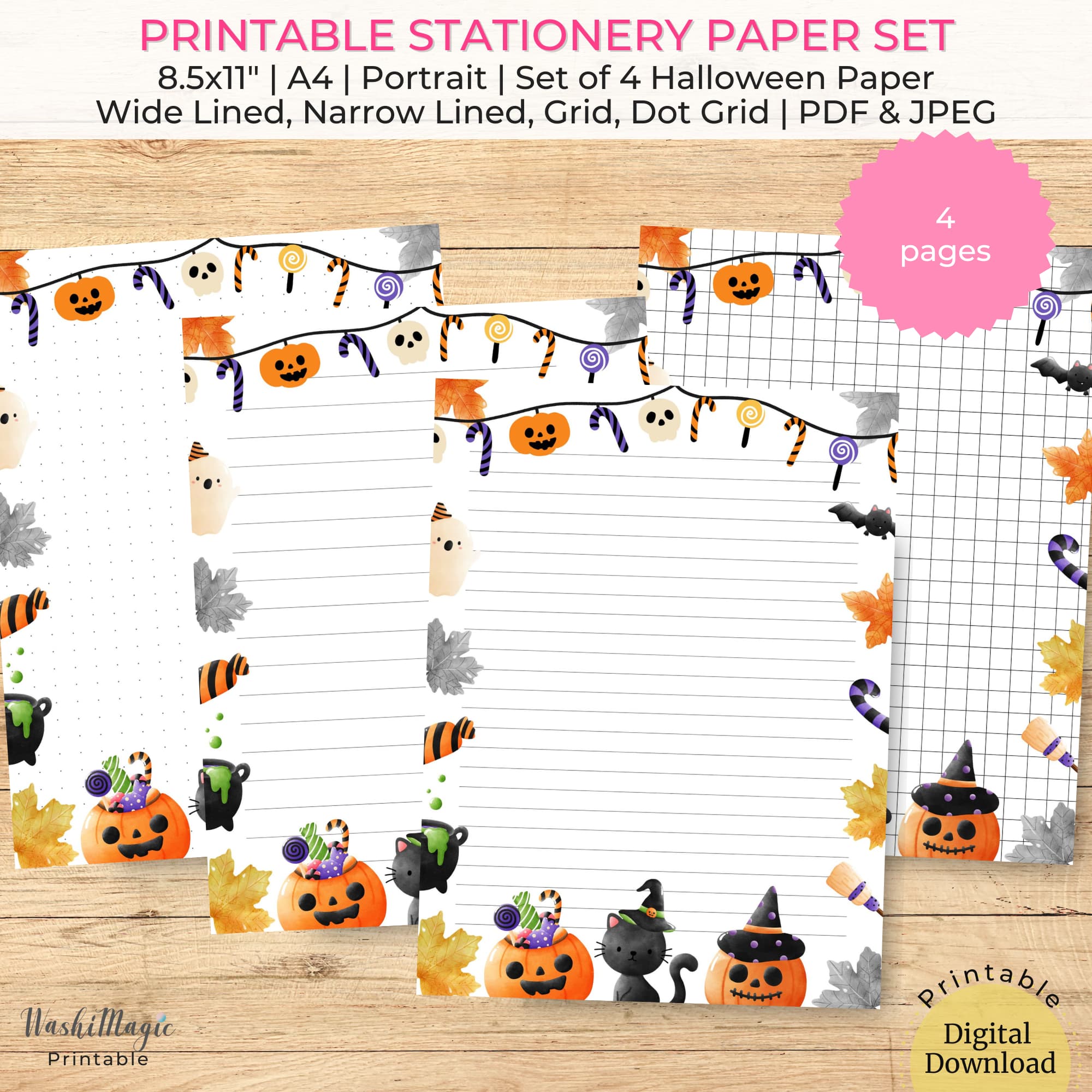 Set of 4 Printable Stationery Paper Halloween Lined Paper - Payhip