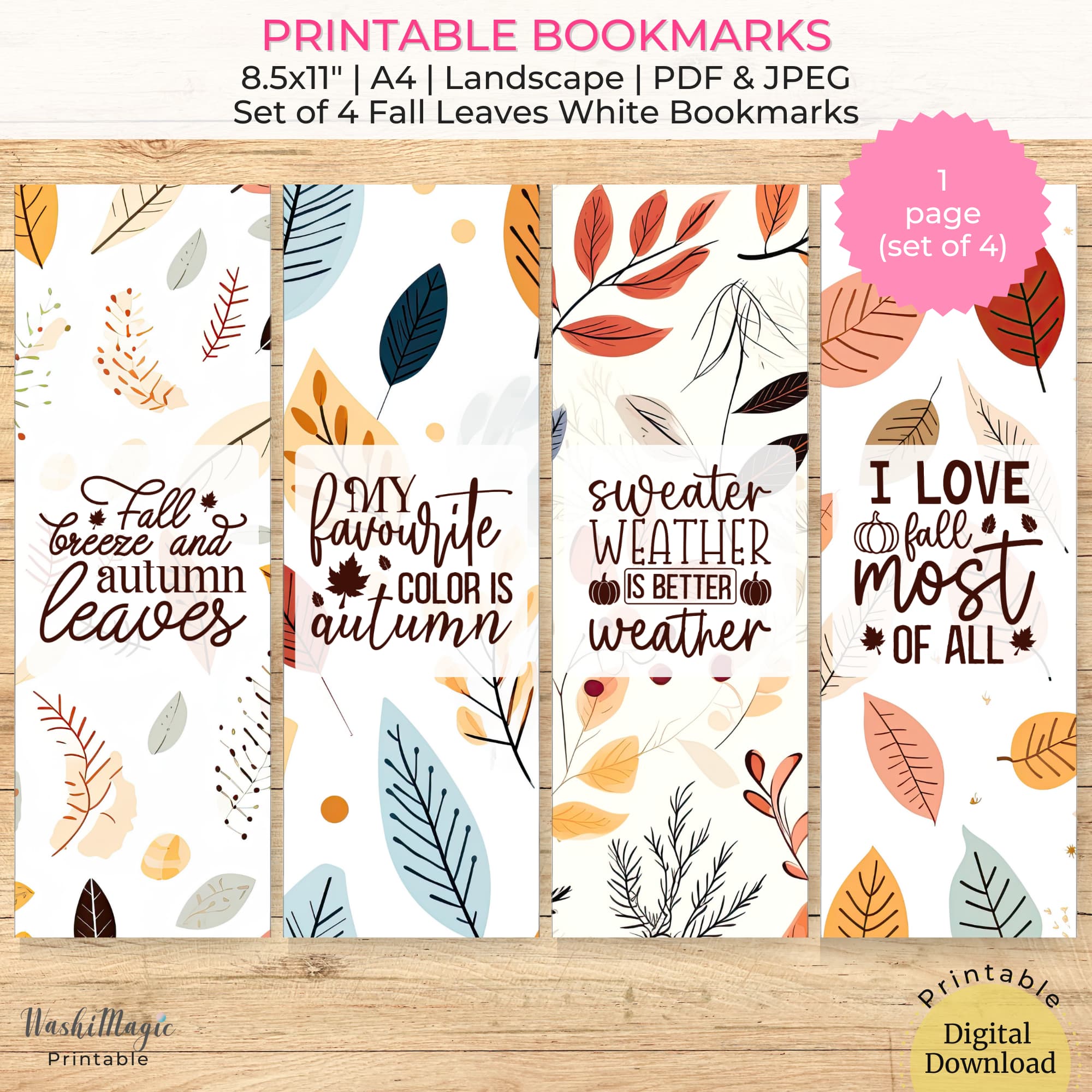 Printable Bookmarks Set of 4 Fall Leaves White Bookmark, Cozy Autumn ...
