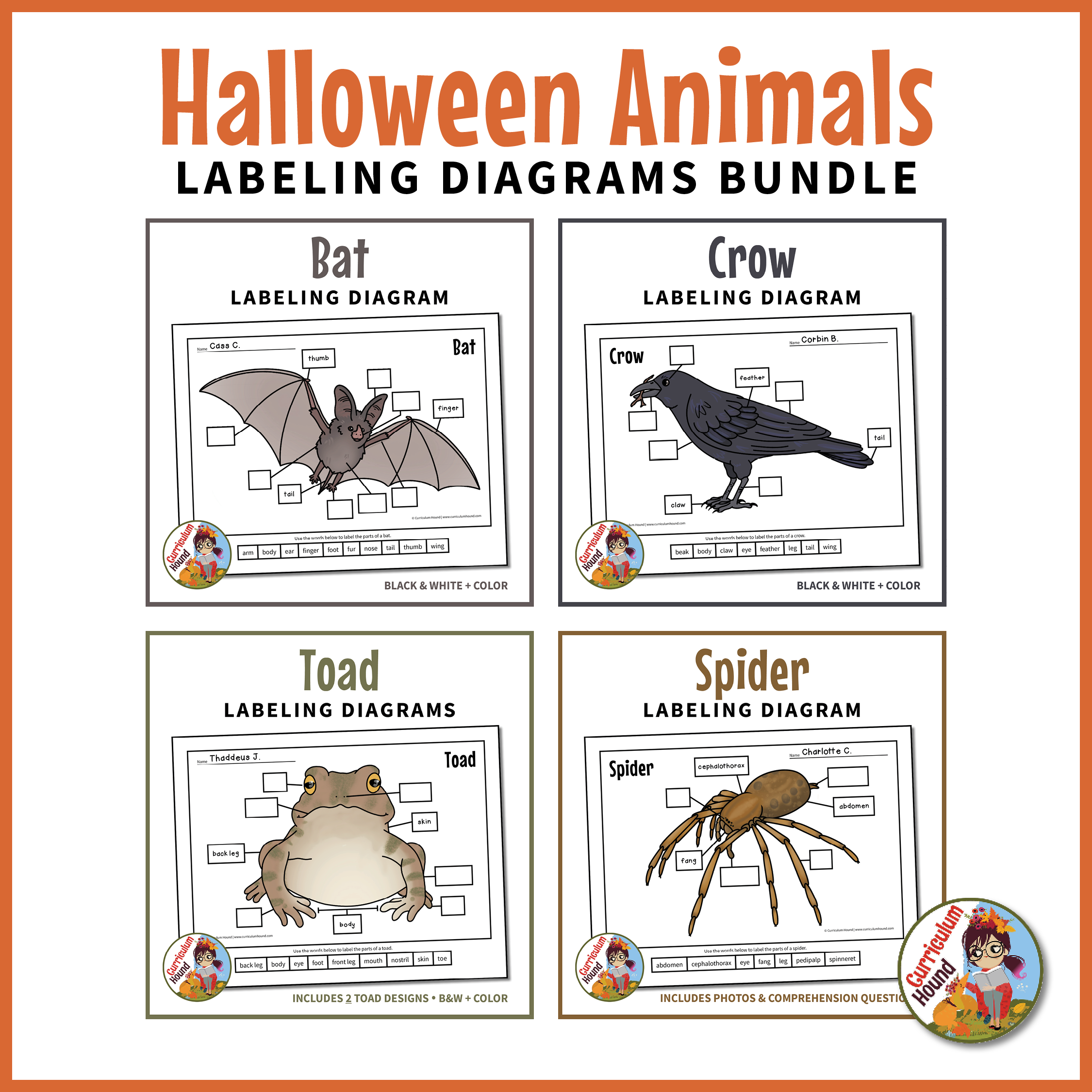 Halloween Animals Labeling Diagrams Bundle