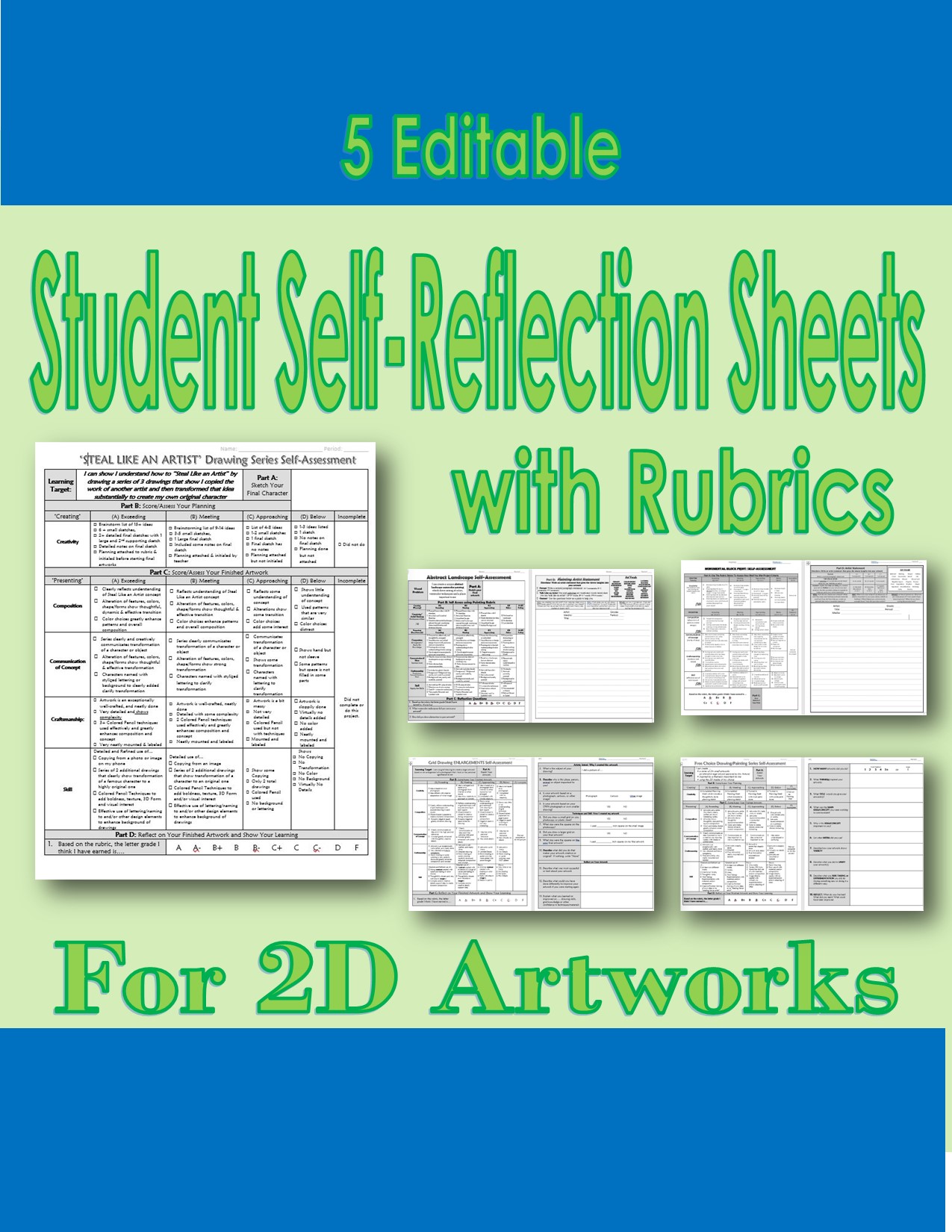 2D Student Artwork Self-Reflection Sheets with Rubrics - 5 editable ...