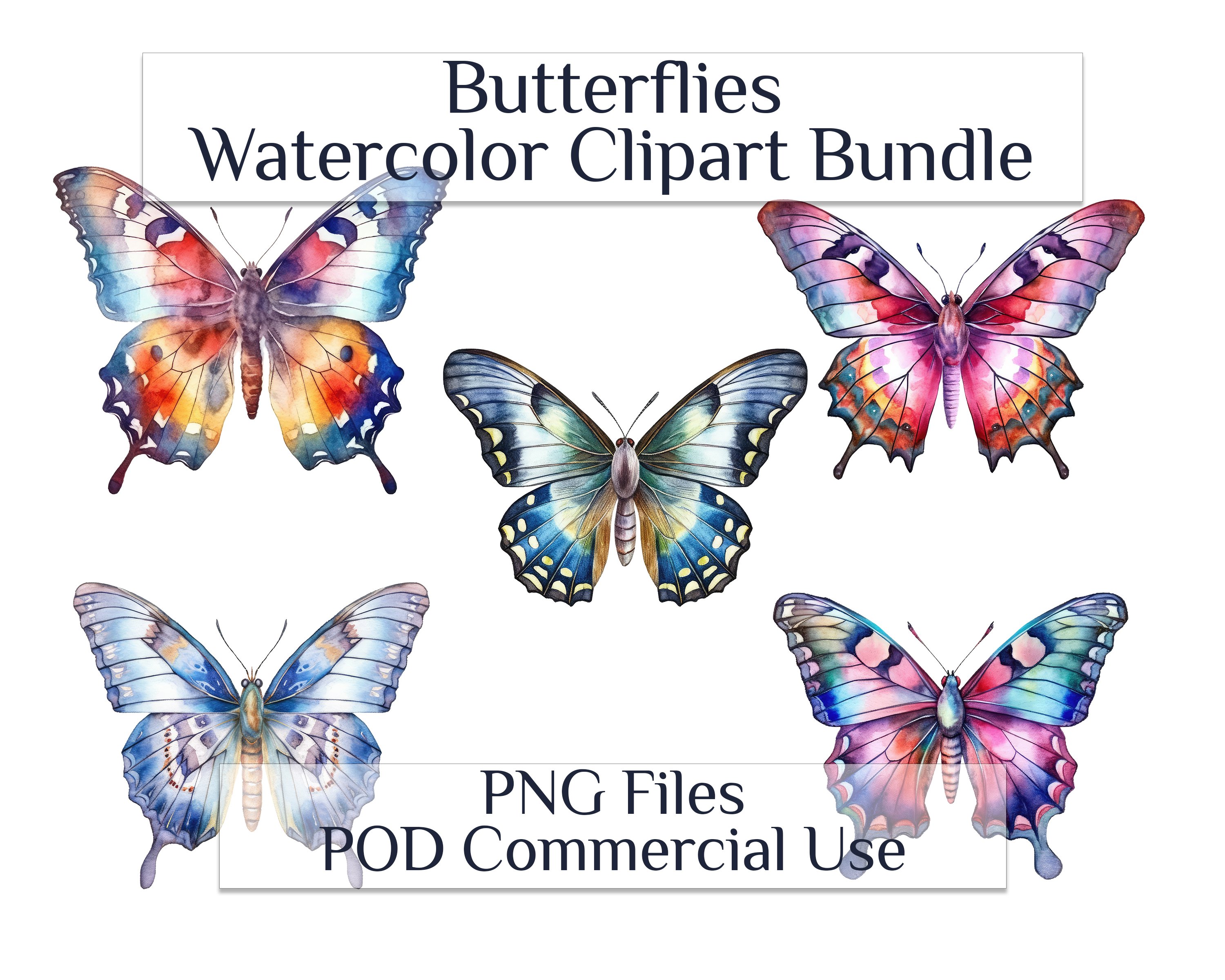 Butterfly Watercolor Clipart Bundle - Digital PNG Files for Commercial Use