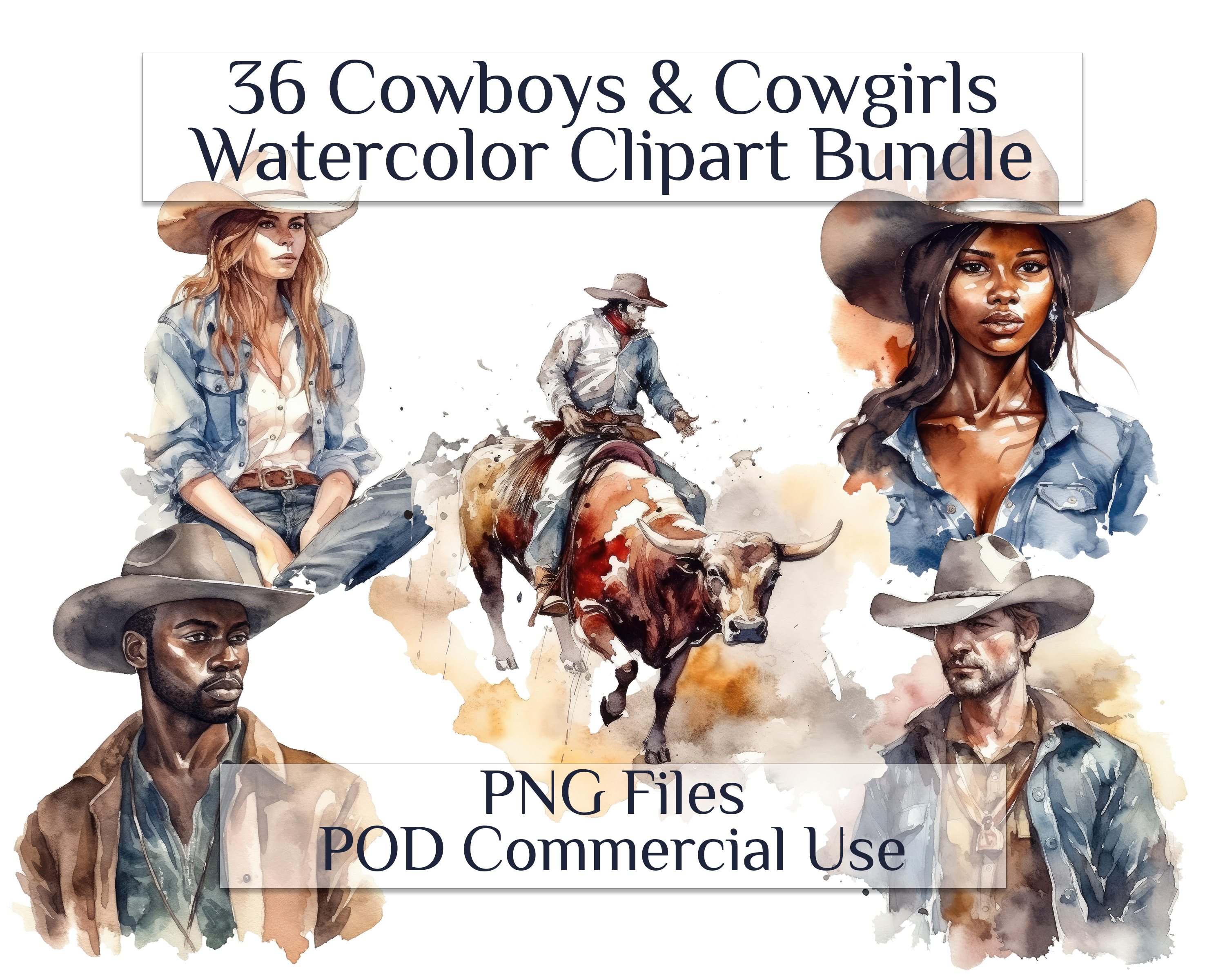 Cowboys and Cowgirls Watercolor Clipart Bundle - Digital PNG Files for ...