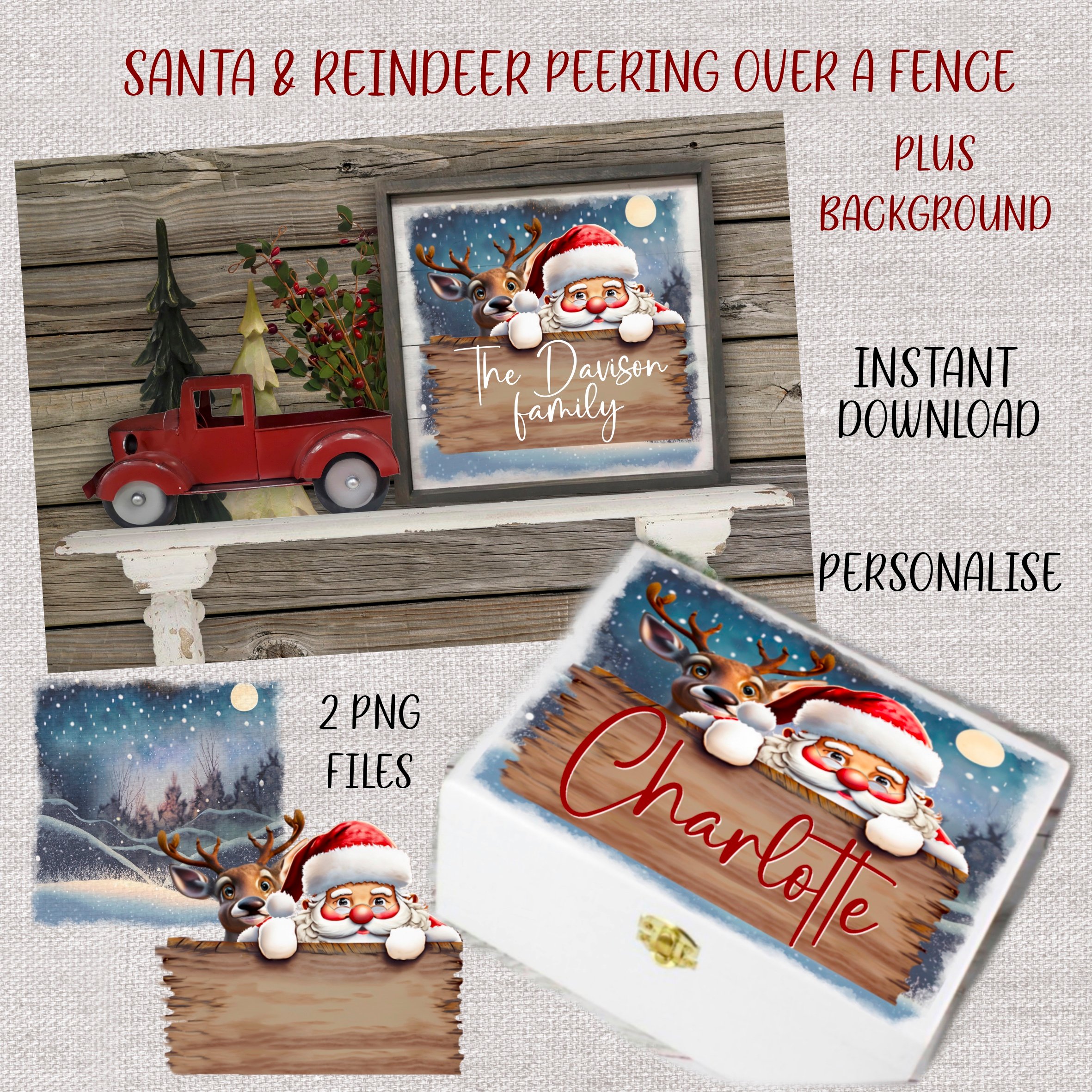 Santa and cute reindeer looking over fence, room to personalise ...