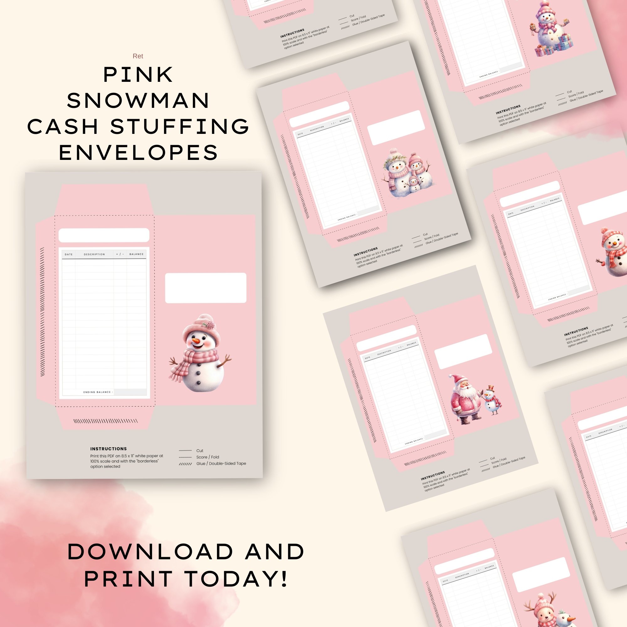 10 Printable Pink Snowman Cash Stuffing Envelopes With Budget Tracker ...