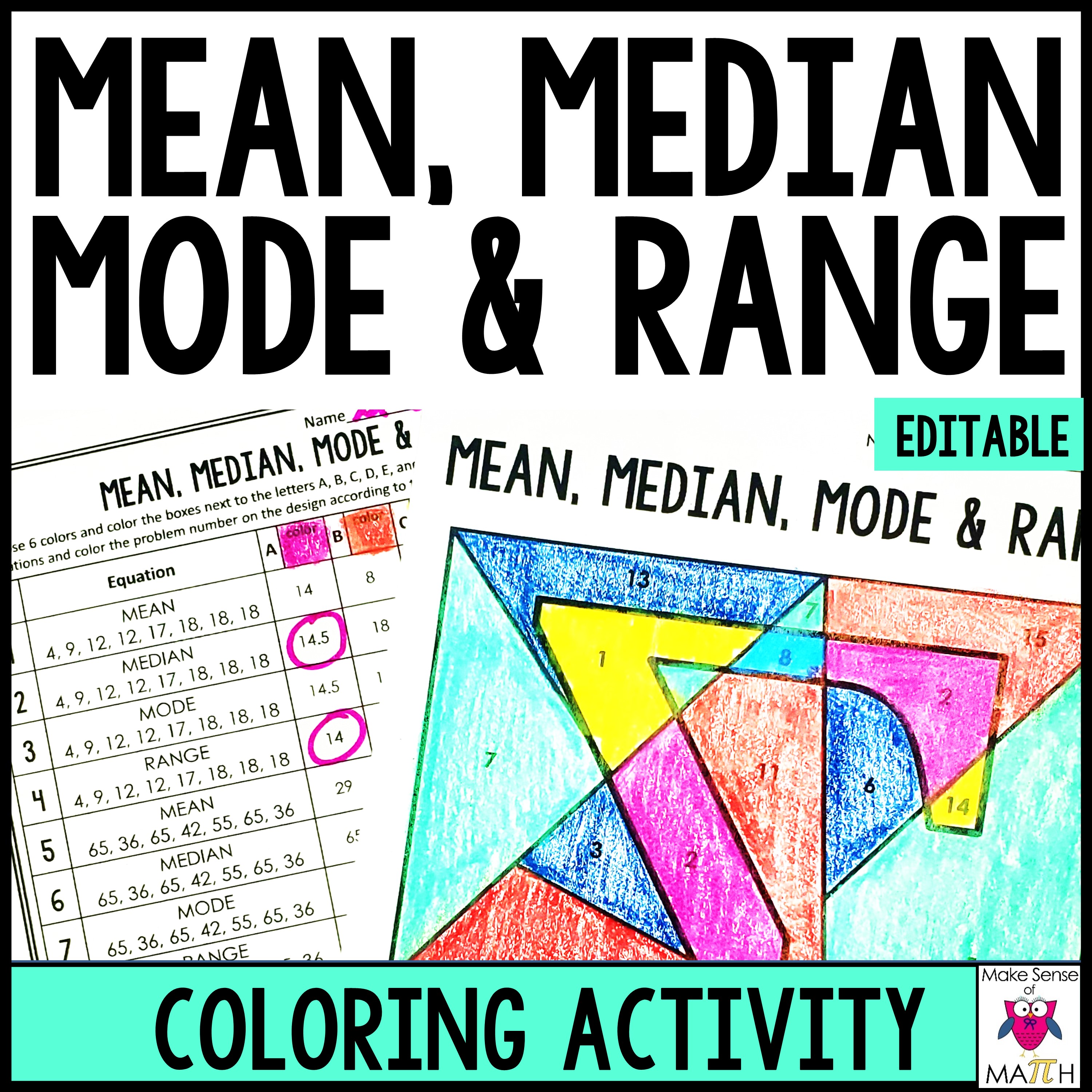 Mean Median Mode Range Coloring Activity Measures of Central Tendency ...