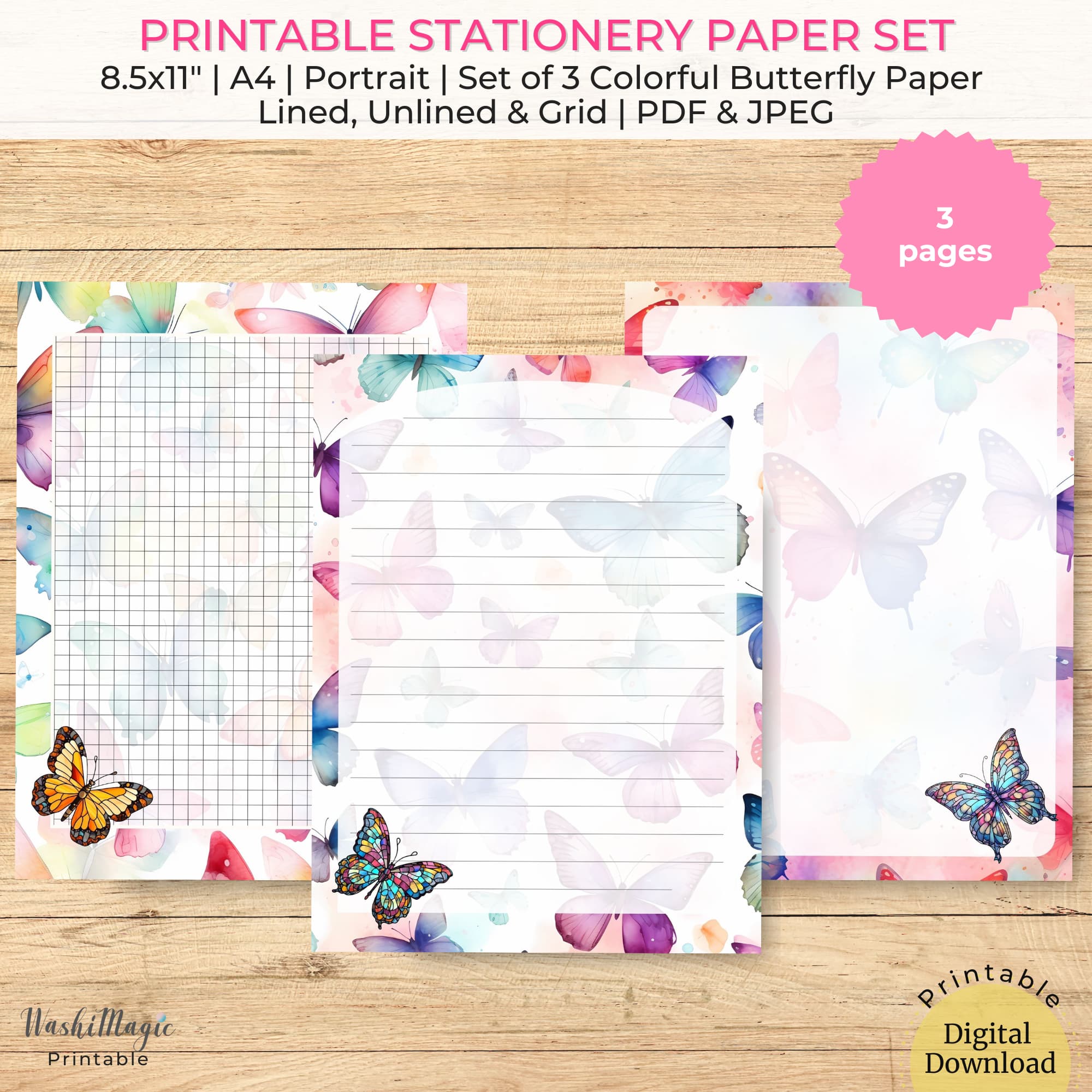 Butterfly-Themed Printable Stationery Paper Set of 3 - Payhip