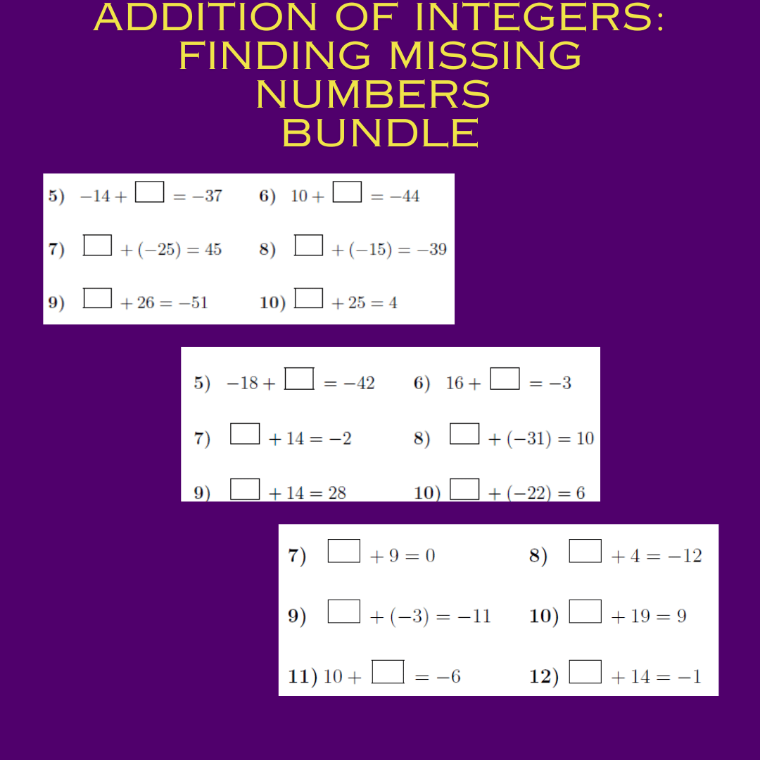 Addition of integers: Finding missing numbers Bundle