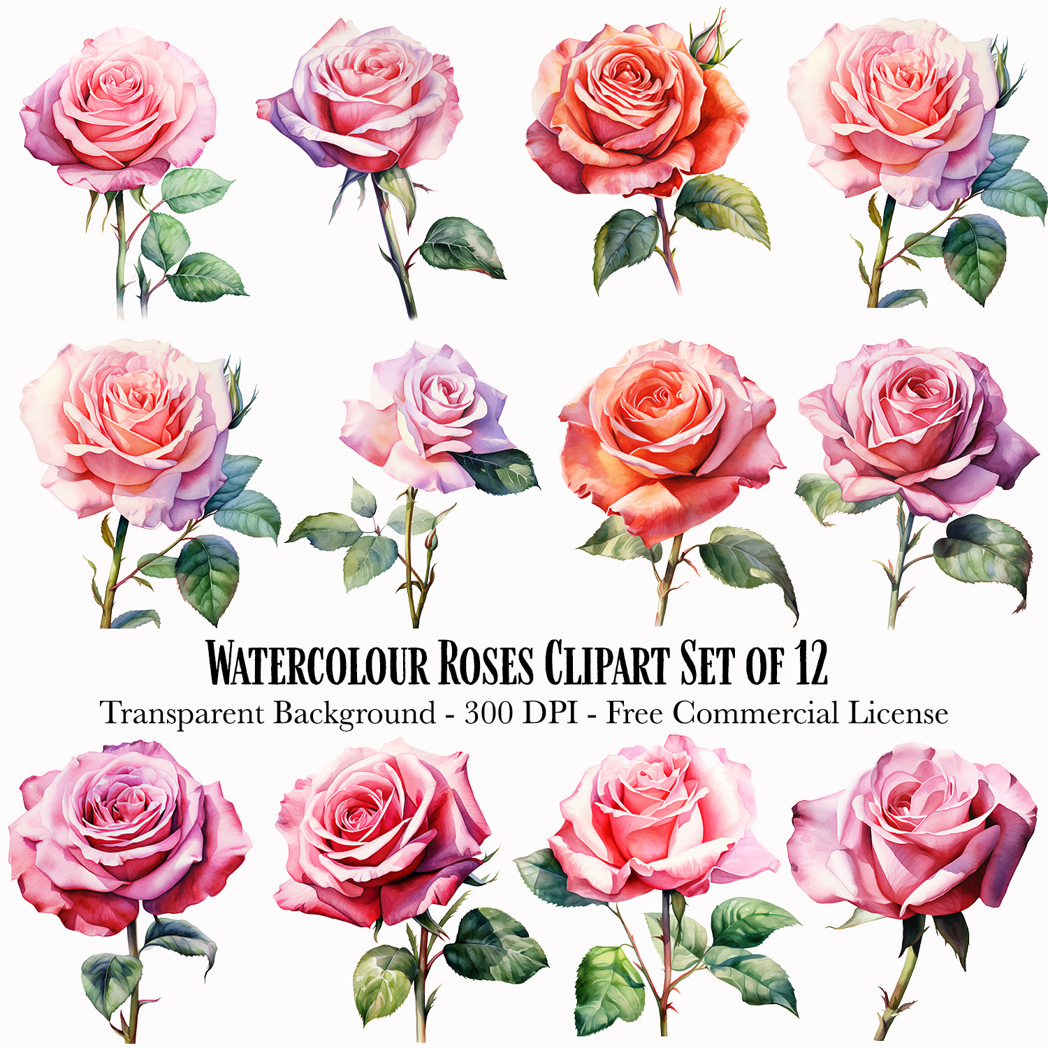 Watercolor Rose Clipart Bundle PNG, Pink Rose Flowers Clip Art Set ...