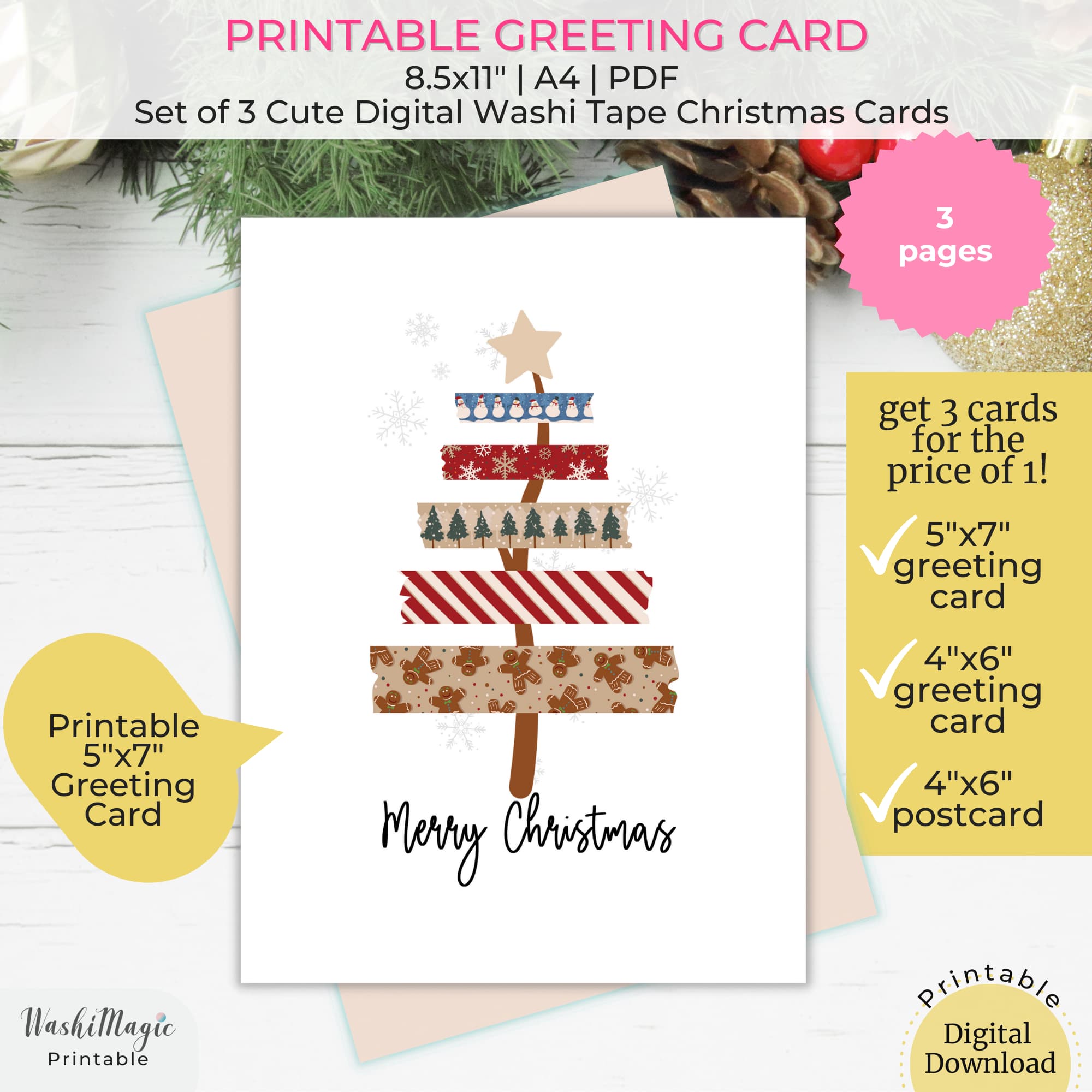 Printable Christmas Tree Card, Cute Digital Washi Tape Printable - Payhip
