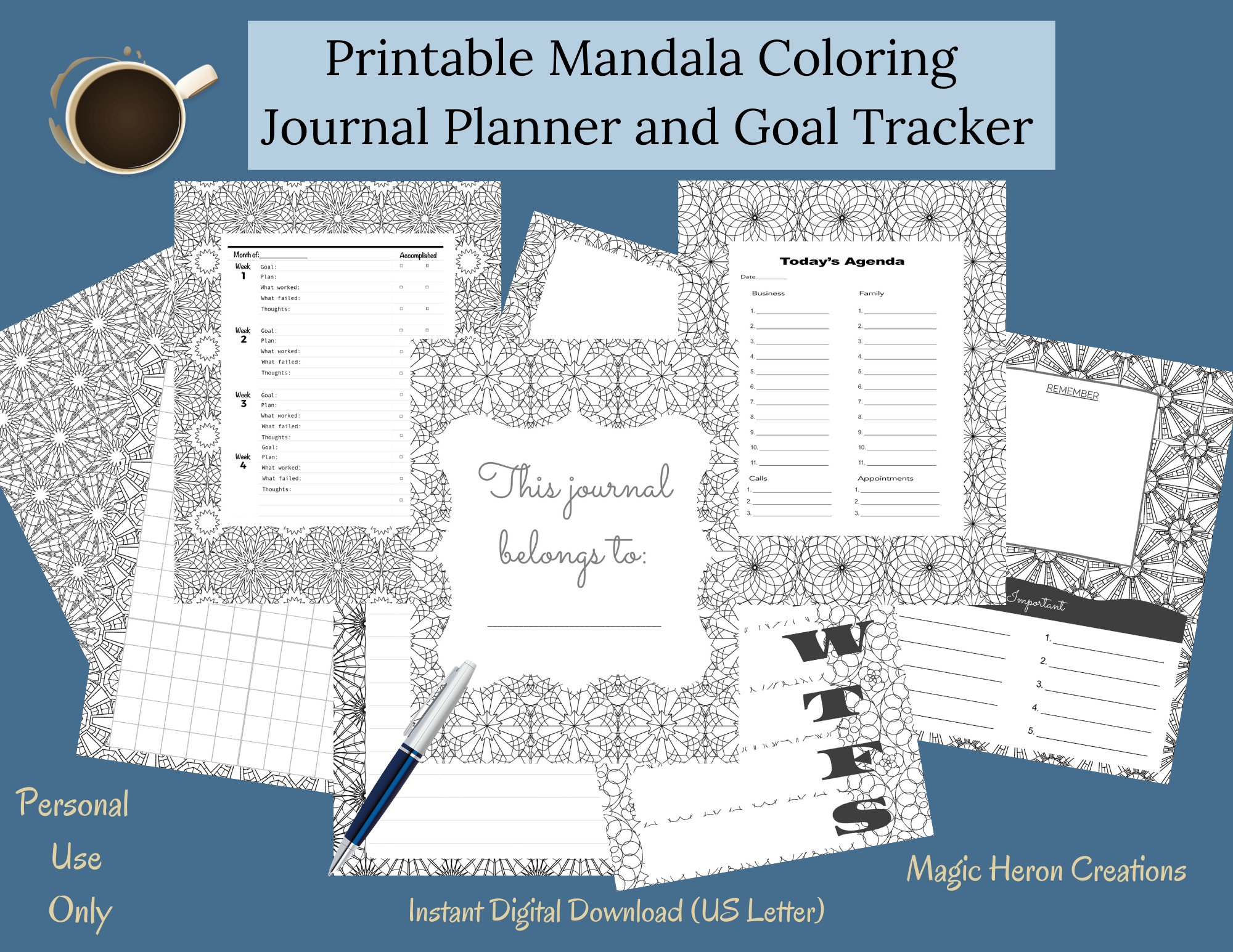 Printable Mandala Coloring Journal Planner and Goal Tracker - Payhip