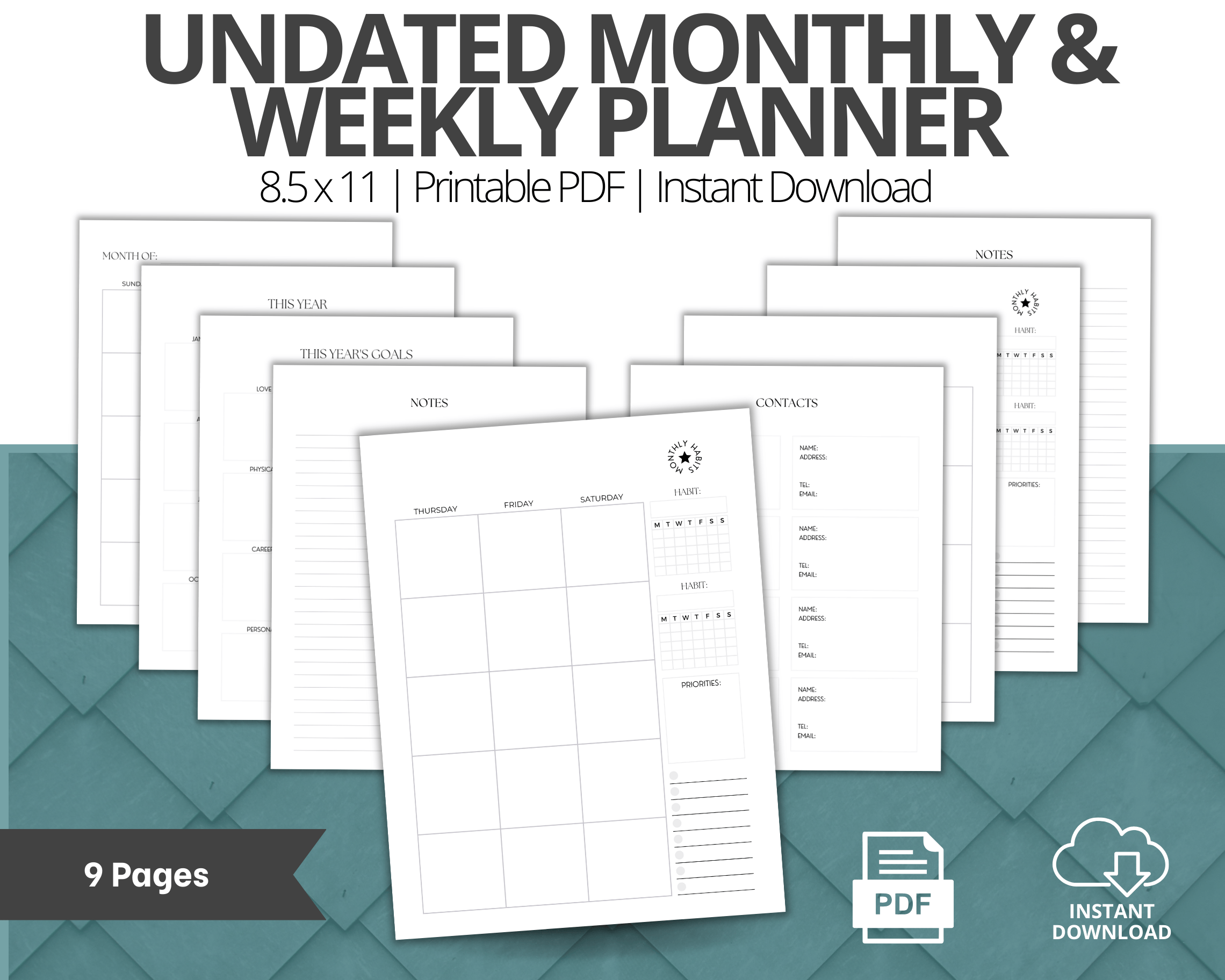 Undated Monthly & Weekly Planner Pages | Printable PDF | Instant ...