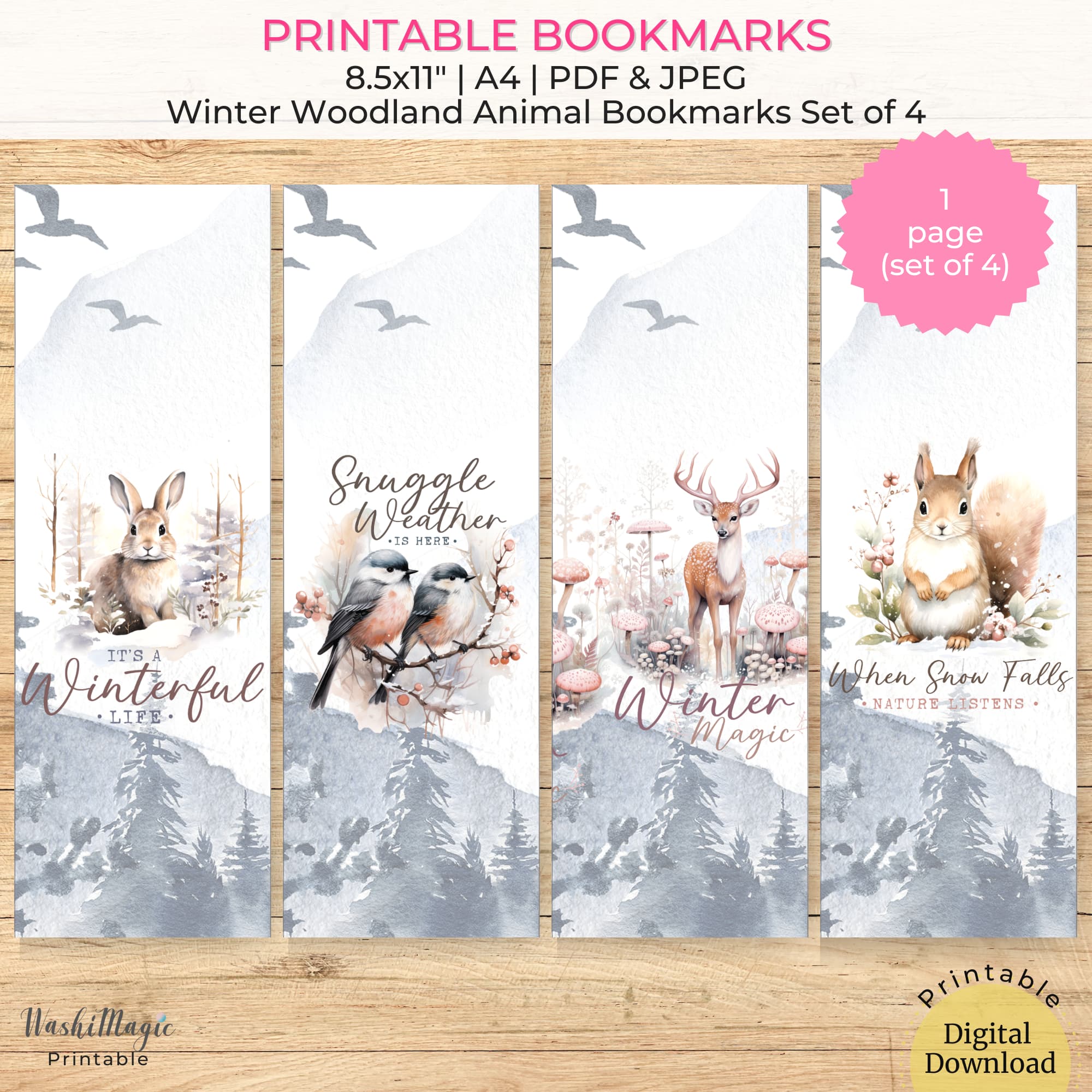 Winter Woodland Animal Bookmarks Printable Set of 4, Winter Bookmark ...