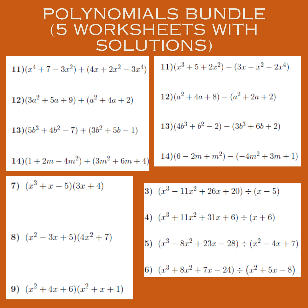 Polynomials Bundle (5 worksheets with solutions)