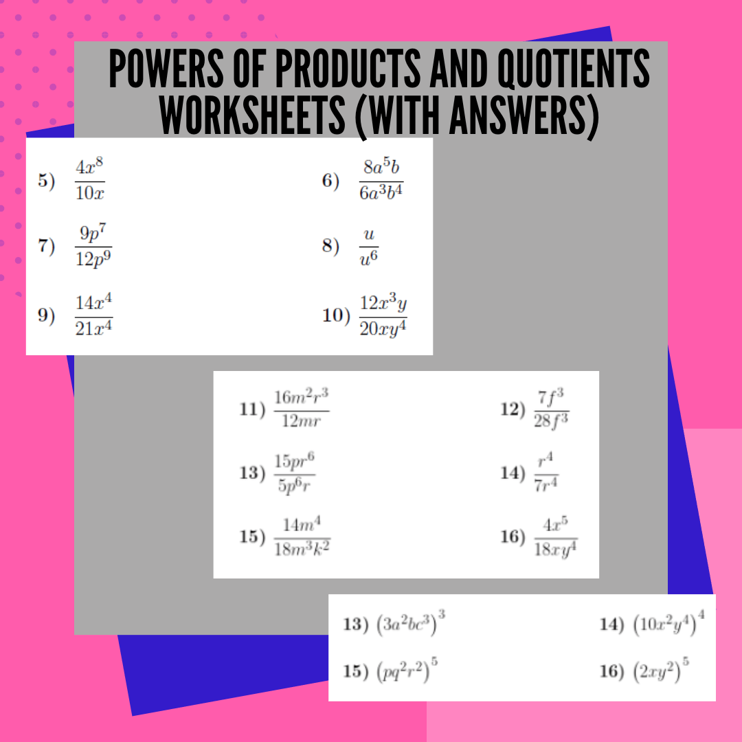 Powers of products and quotients worksheets (with answers)