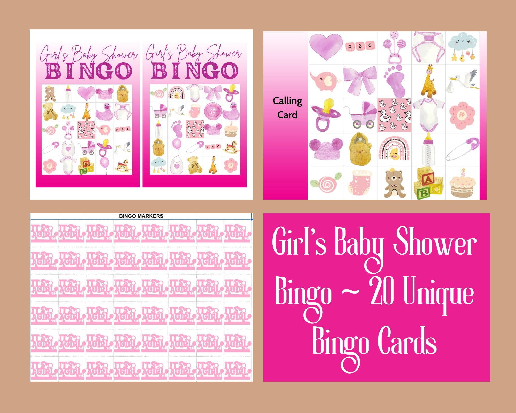 Printable Girl Baby Shower Bingo Game | Printable Baby Shower Bingo ...