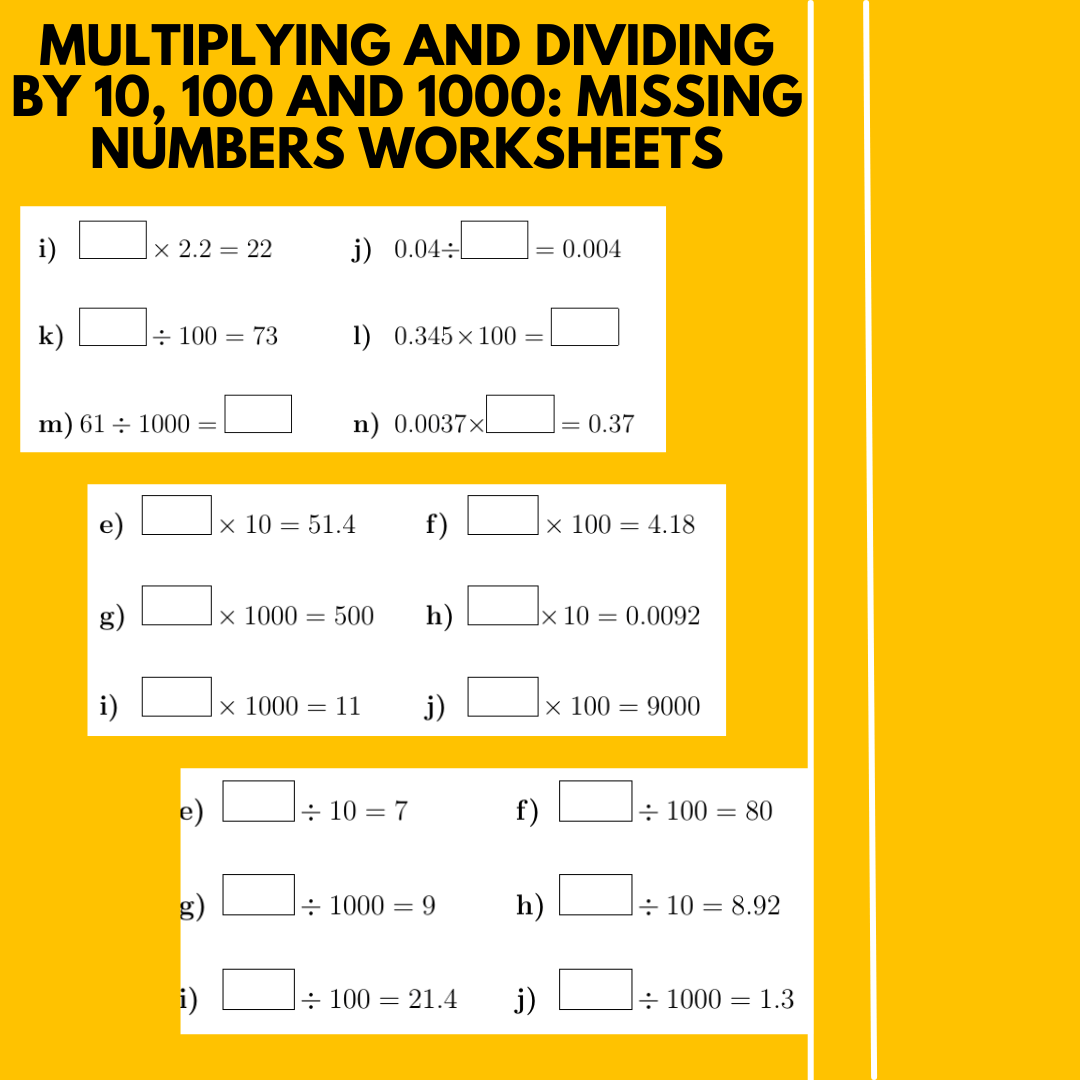 Multiplying and dividing by 10, 100 and 1000: missing numbers worksheets
