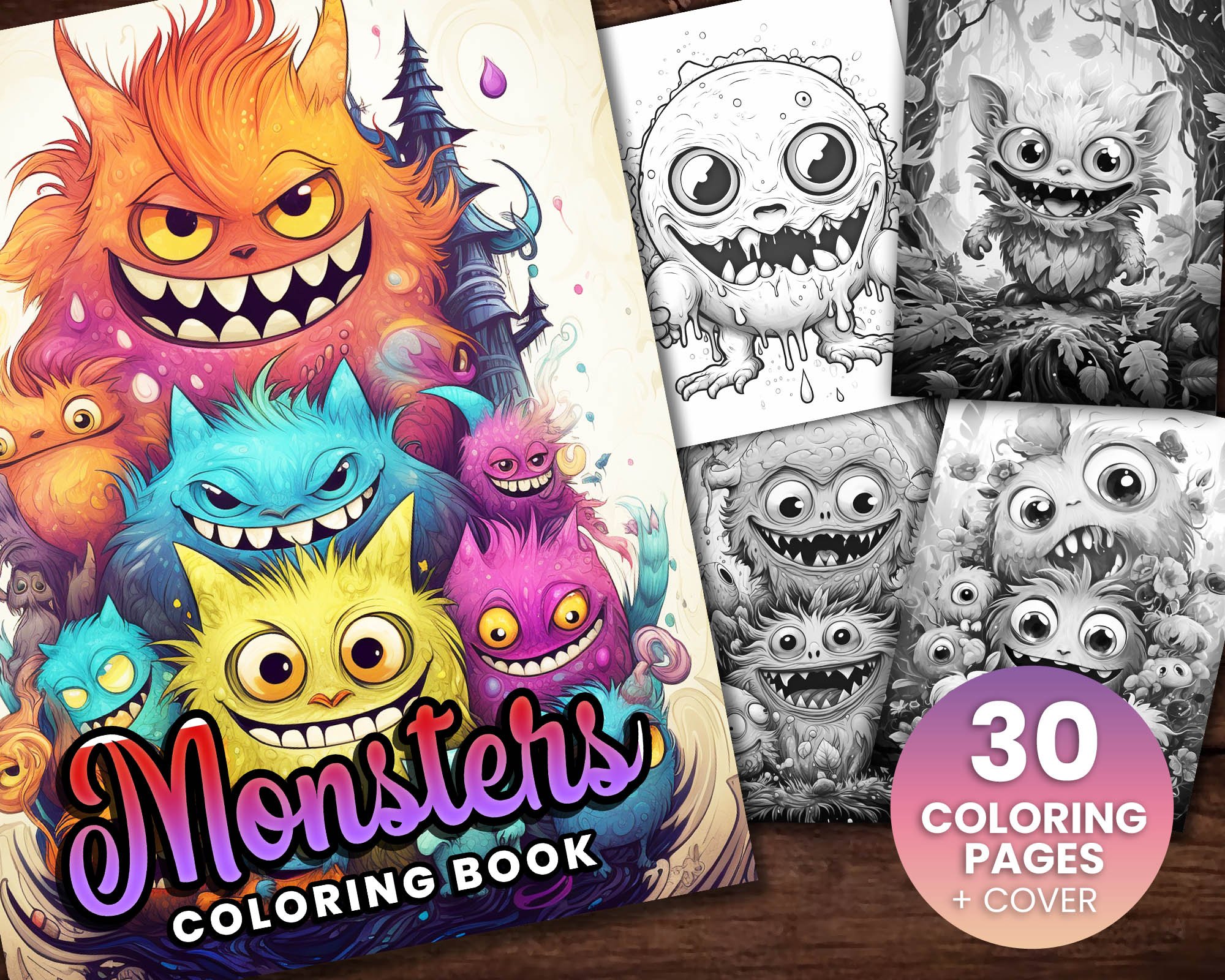 30 Cute Monsters Coloring Book, Adults kids- Download - Grayscale ...