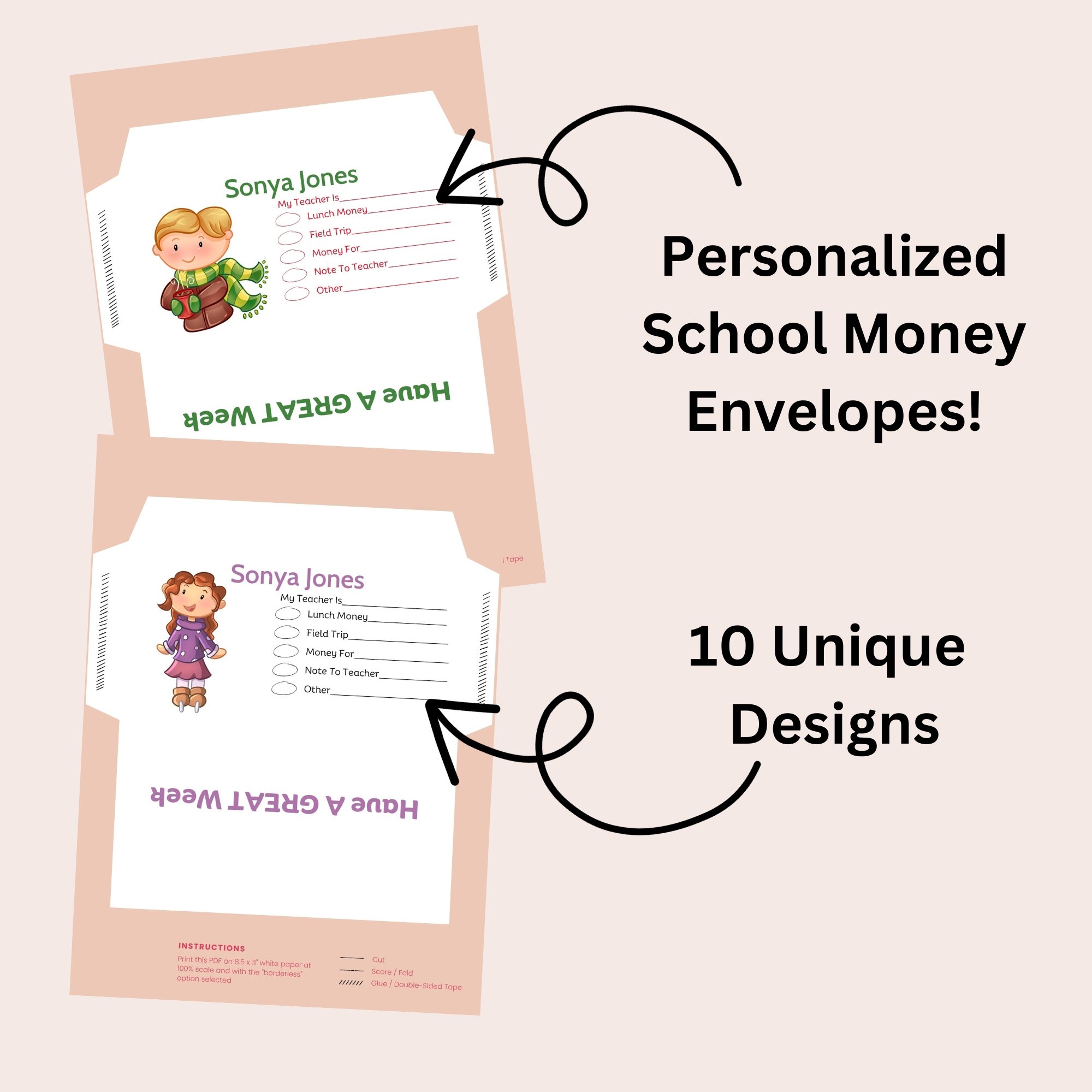 10 Personalized School Money Winter Themed Envelopes | 10 Printable ...