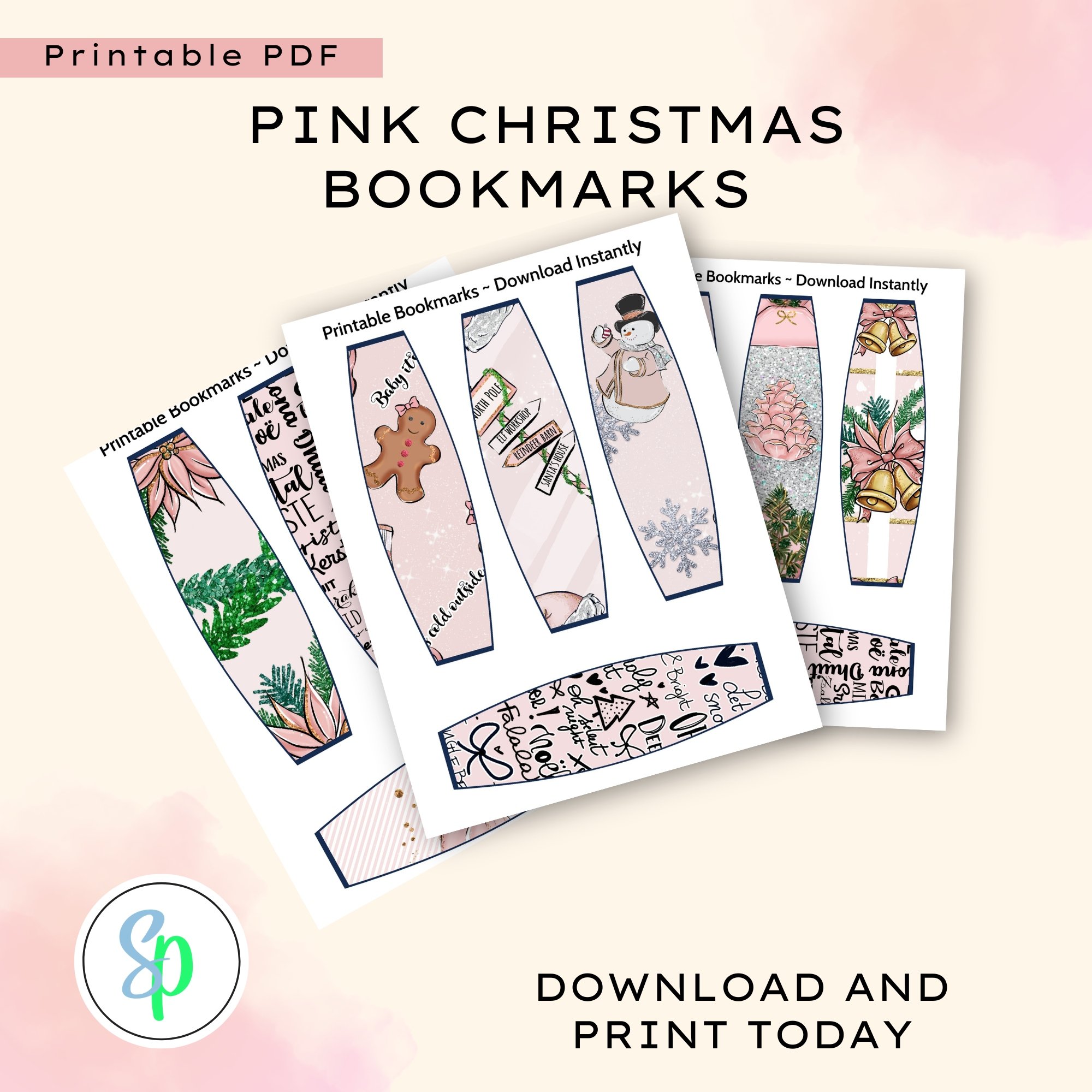 Printable Pink Christmas Bookmarks | Pink Holiday Bookmarks | Printable ...