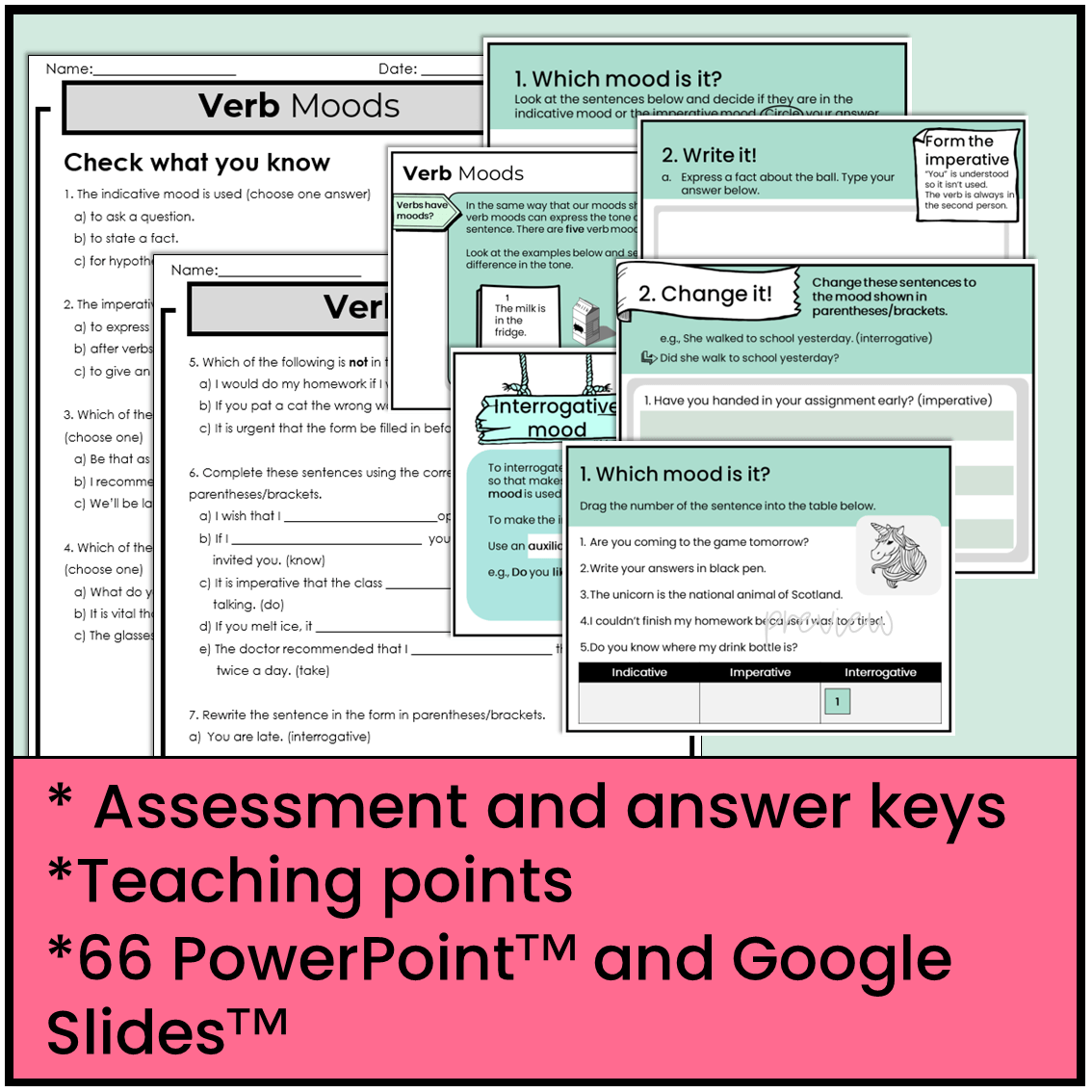 Verb Moods Worksheets Activity Digital 7th, 8th, 9th, 10th Grade Grammar