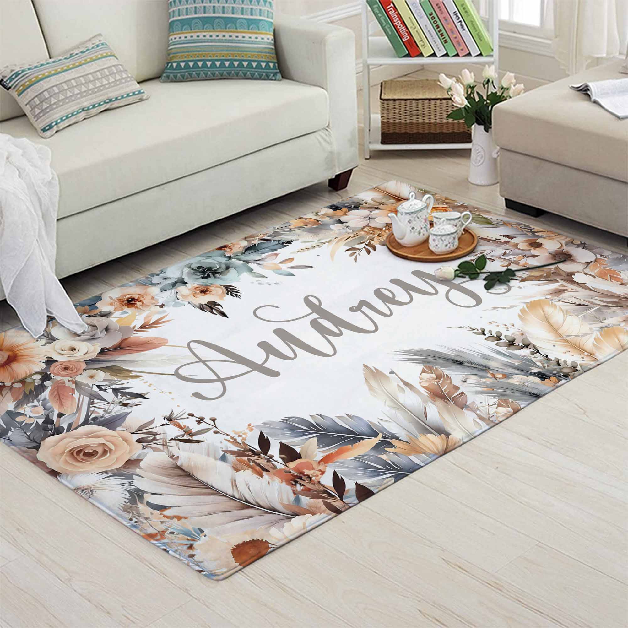 Boho Floral Custom Name Rug