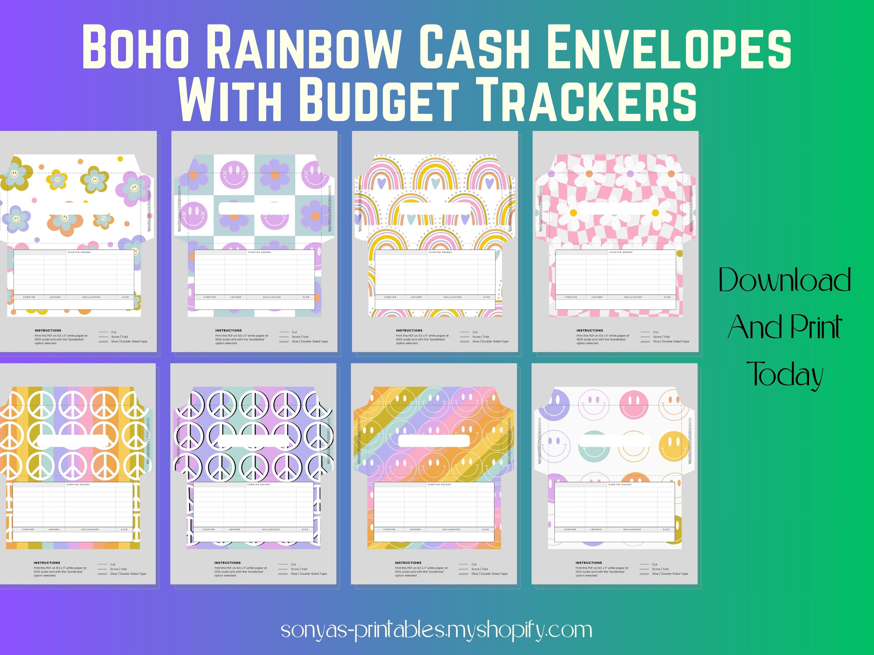 8 Pastel Boho Rainbow Cash Envelopes With Budget Trackers | Printable ...