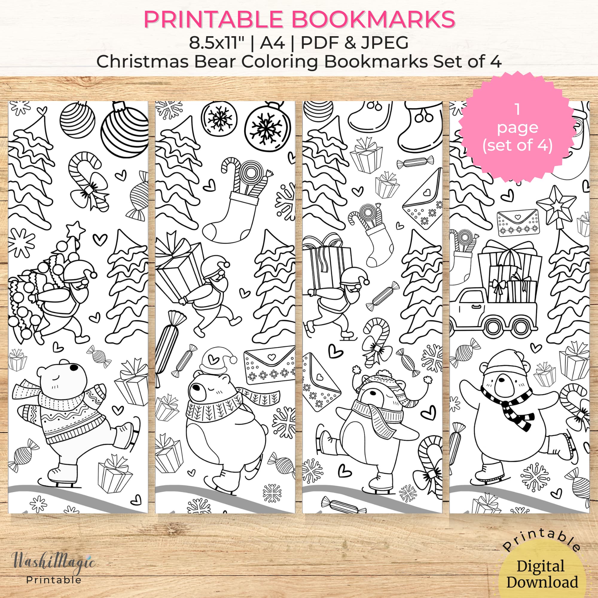 Christmas Coloring Bookmark For Kids, Cute Bear Set of 4 - Payhip