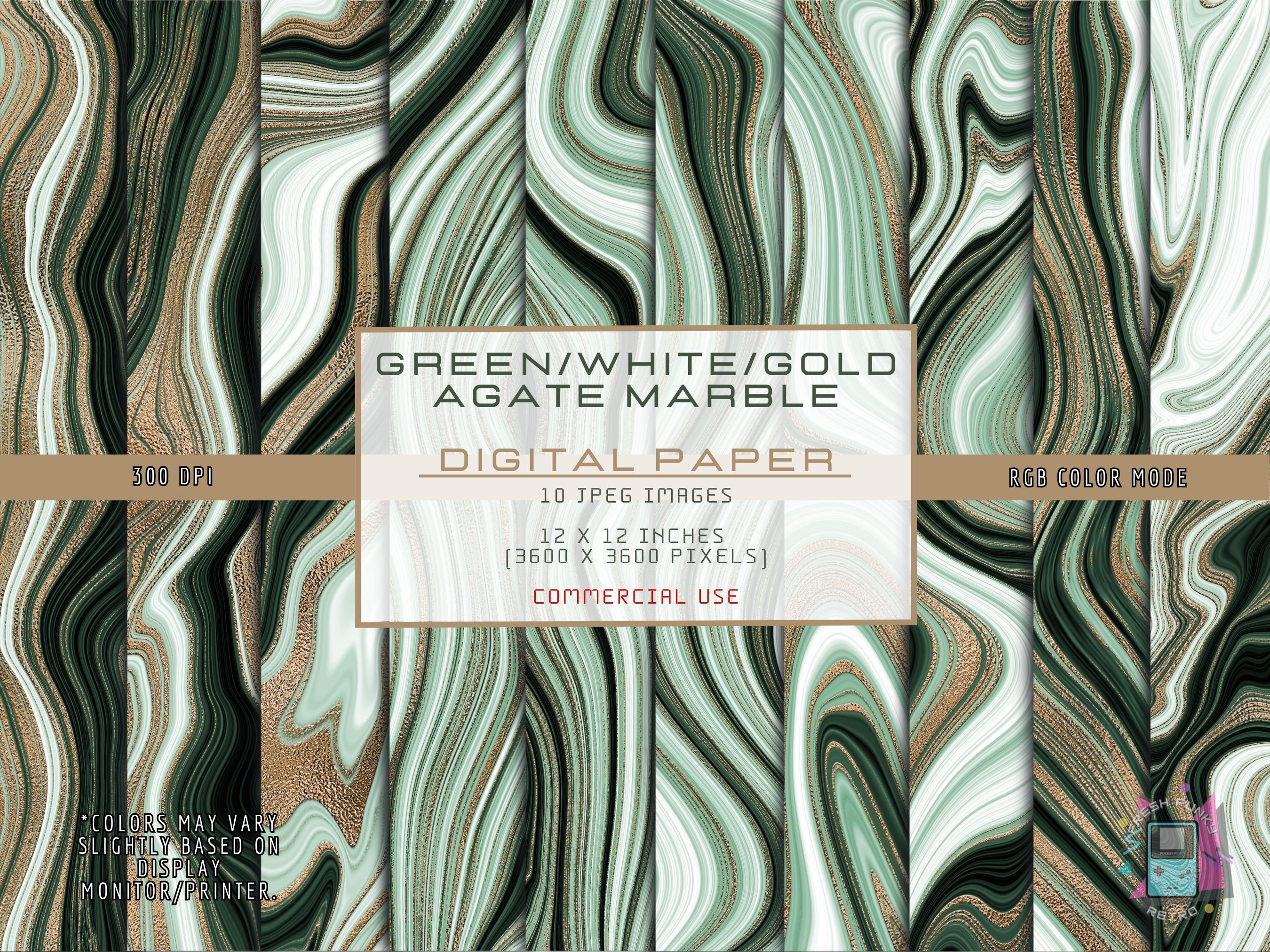 Green, Black, White, Gold Agate Marble Digital Papers | Commercial Use ...