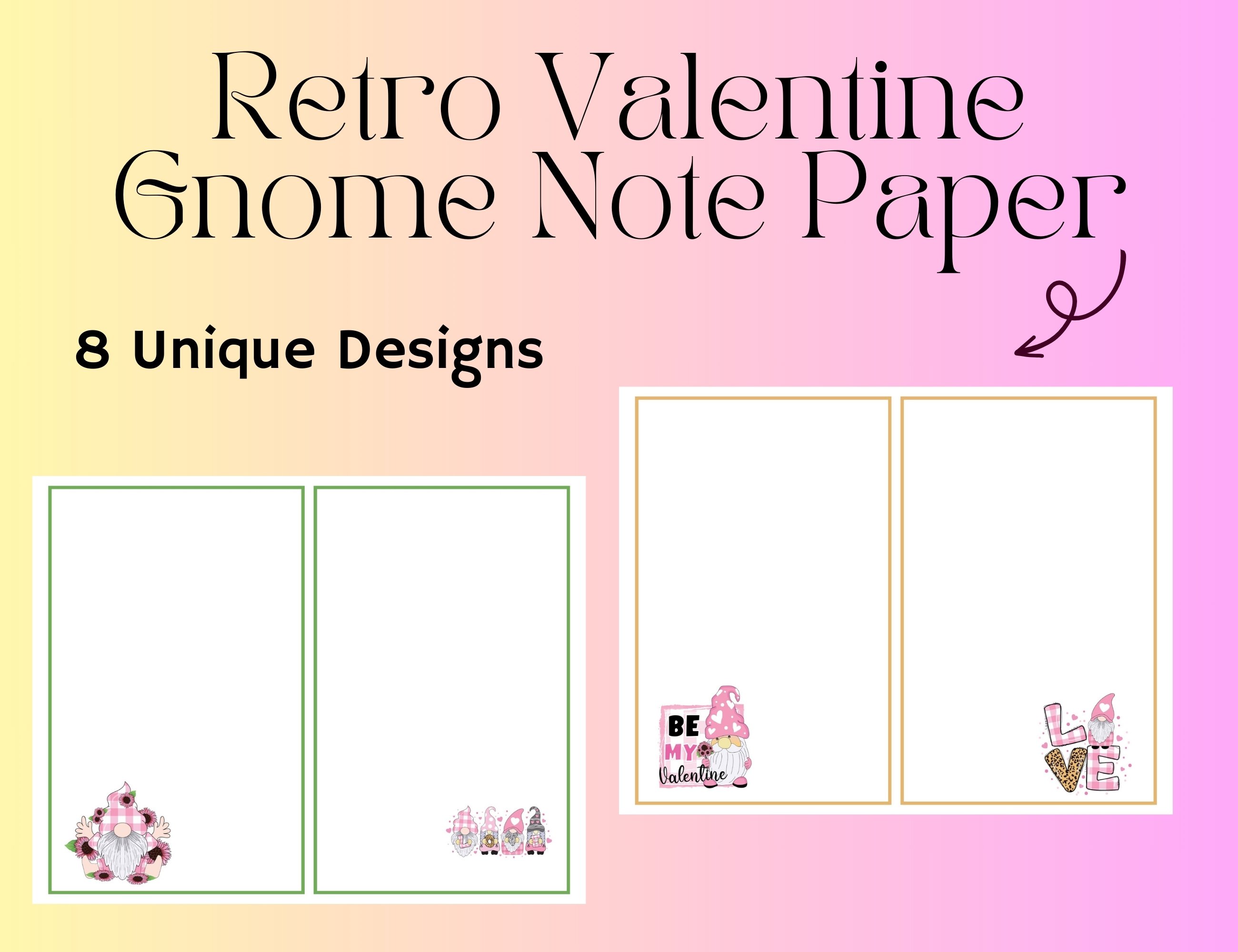 8 Retro Valentine Gnome Note Cards | 8 Printable Blank Valentine Gnome ...