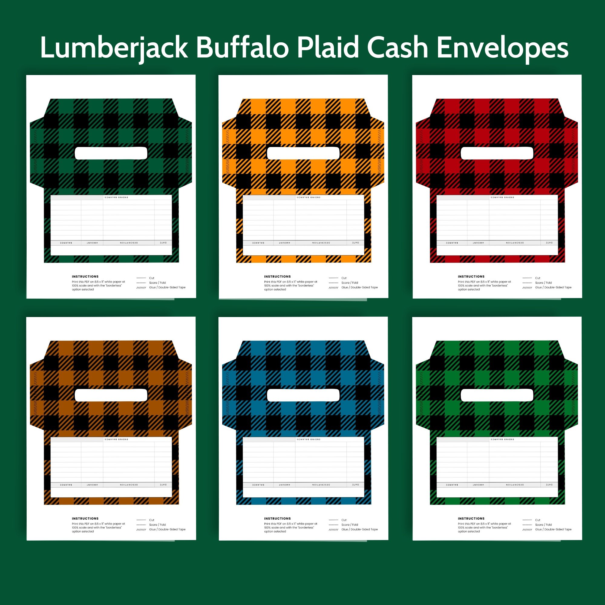6 Lumberjack Buffalo Plaid Cash Envelopes With Budget Tracker ...