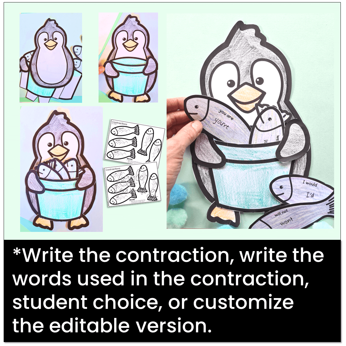 Penguin Contractions Craft Winter Grammar Activity