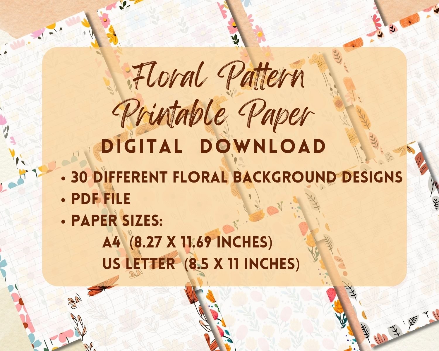 Floral Pattern Printable Paper (Floral Notepad Template, Pastel Colored ...
