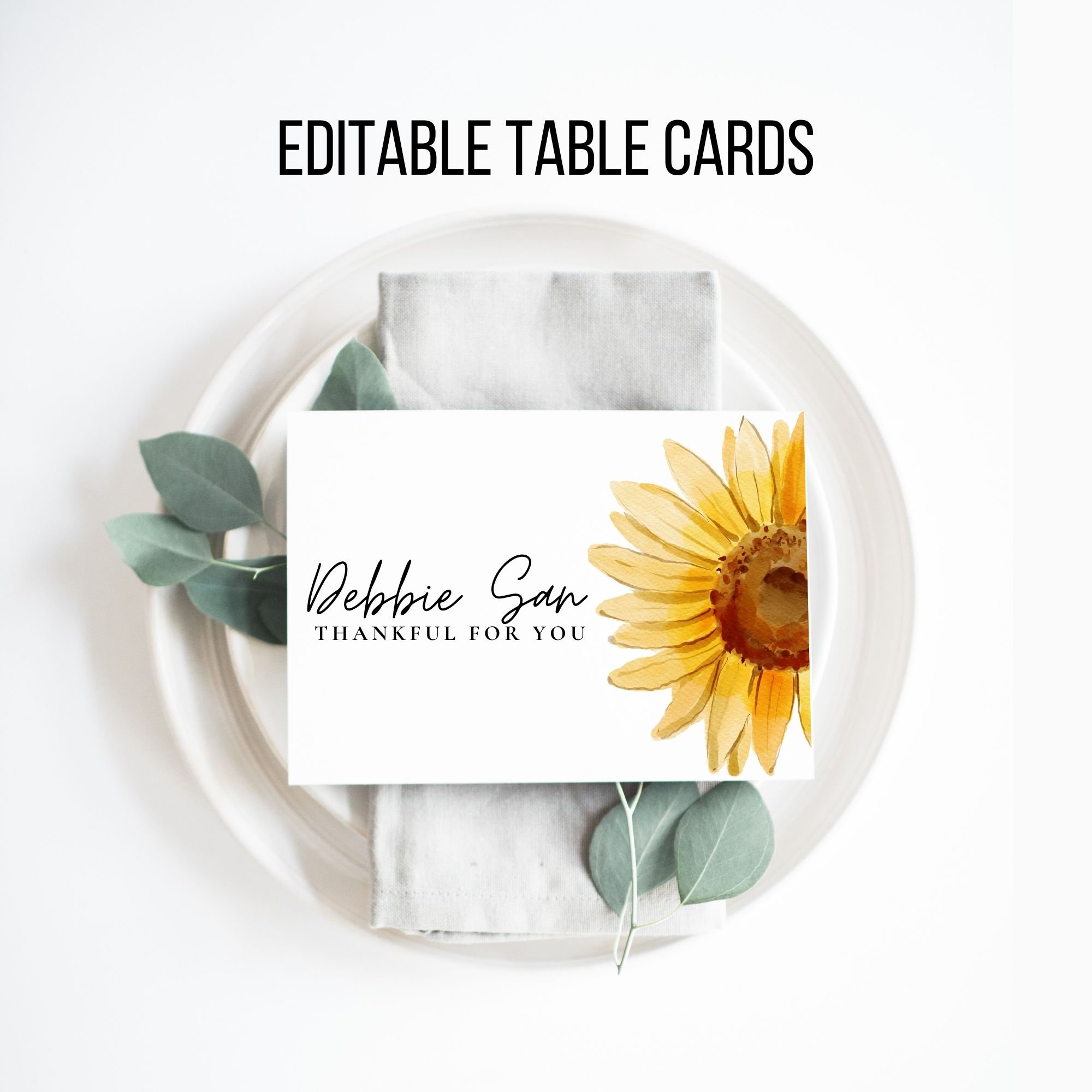 Editable Watercolor Sunflower Name Cards | Fall Table Place Cards for ...